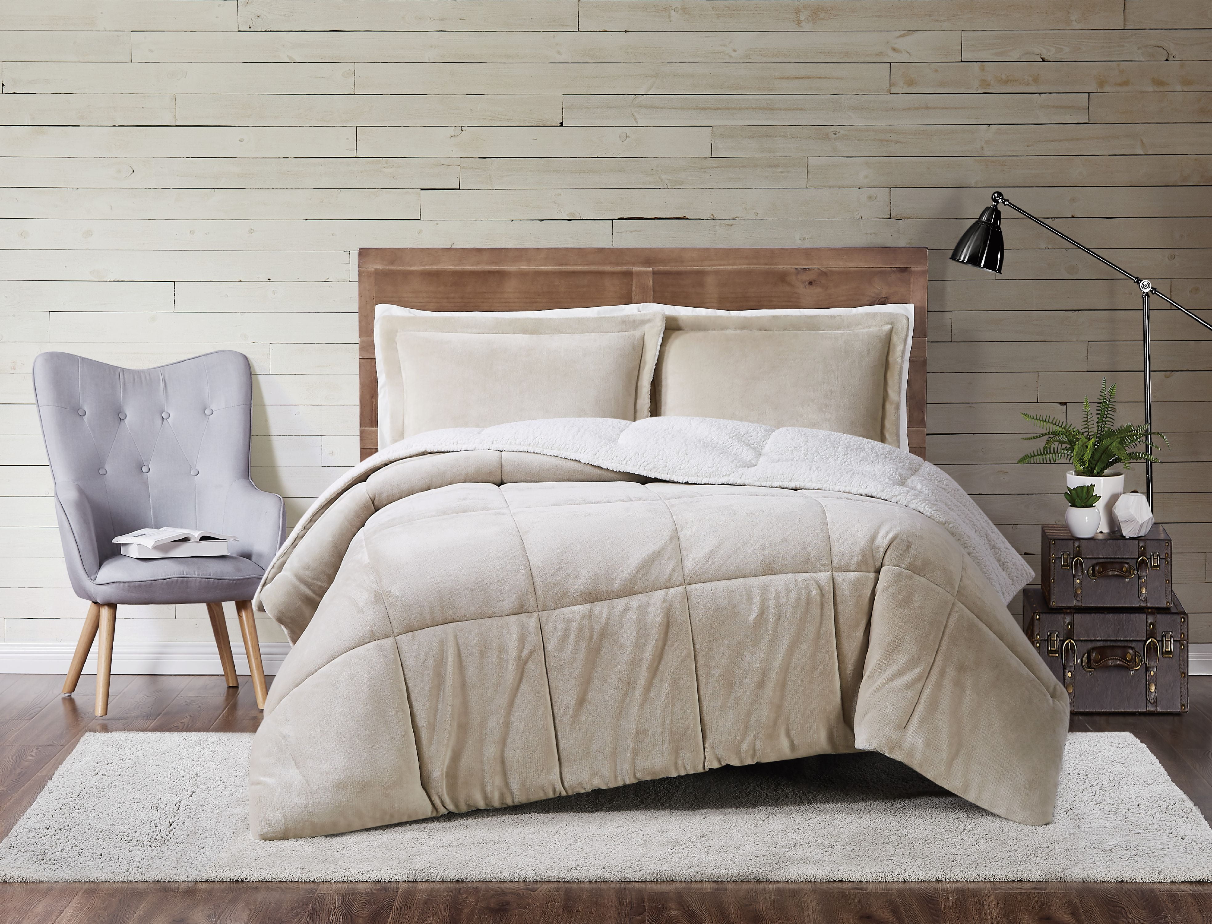 Truly Soft Velvet Tan Sherpa Comforter Set, Full/Queen (3-Piece ...