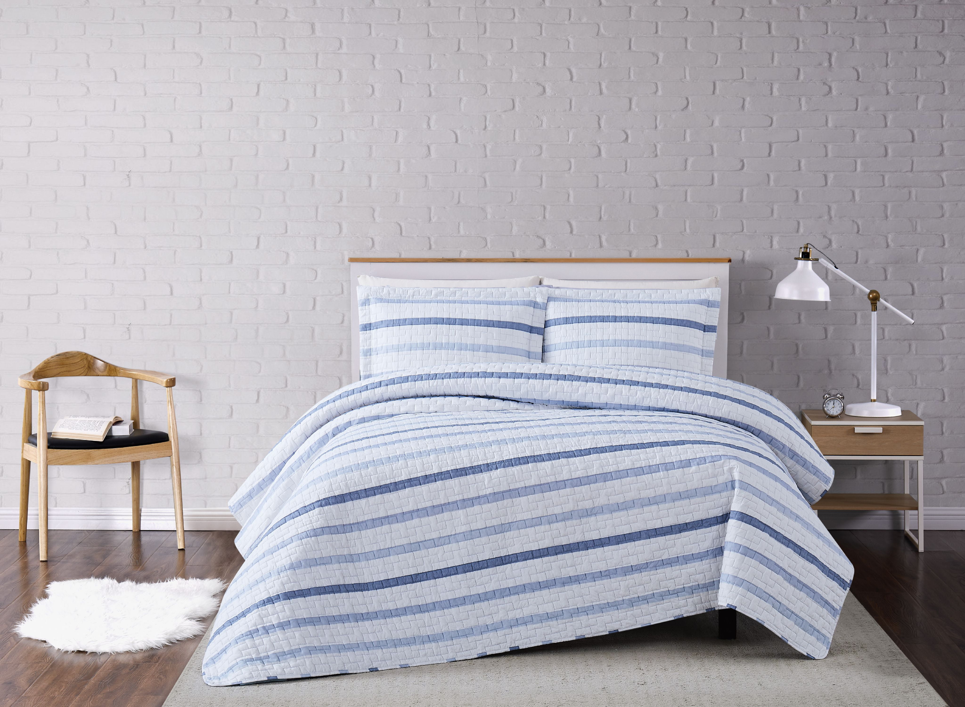 Free Shipping! Truly Soft Waffle Stripe Twin XL Quilt Set Blue Gray ...
