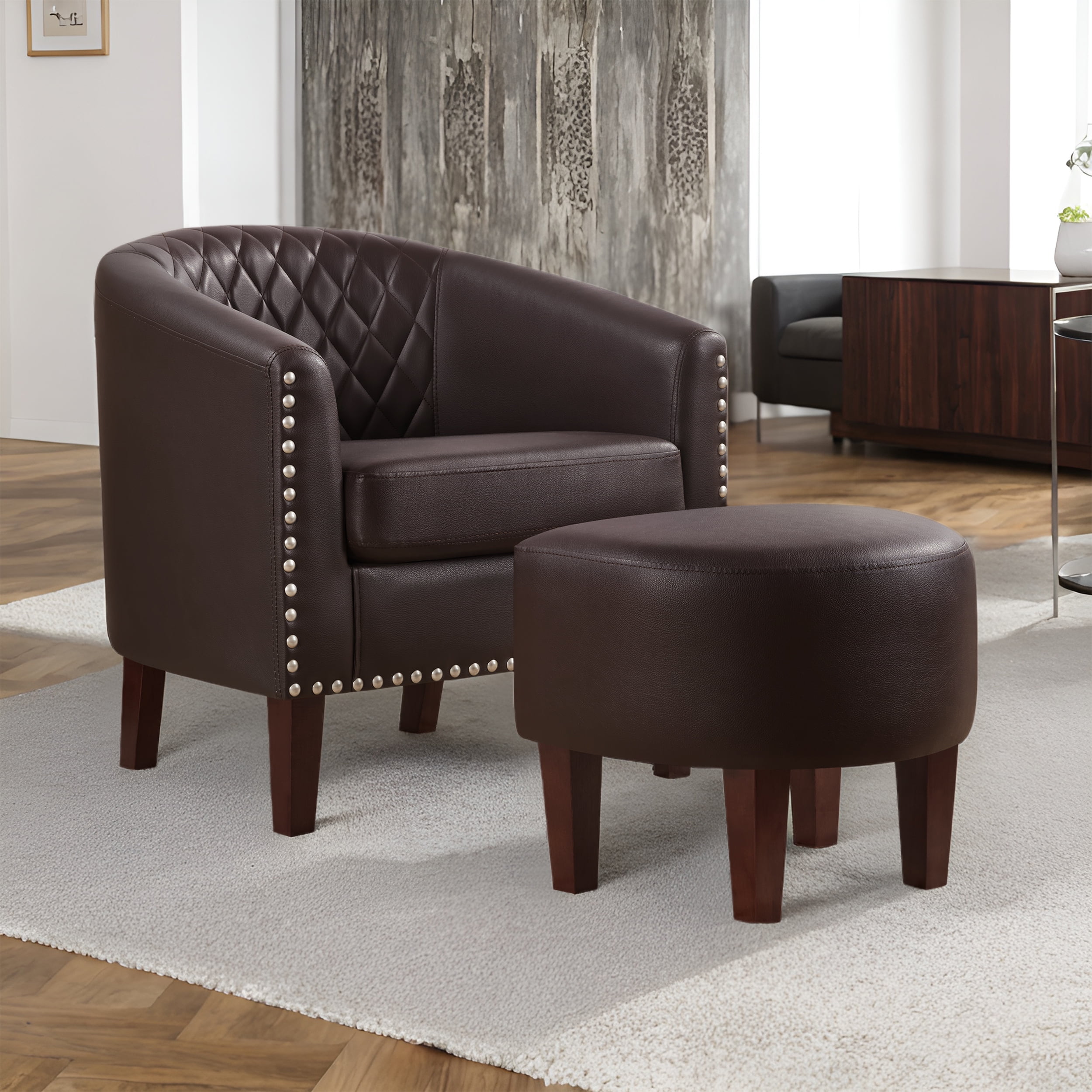 TrumanPick Barrel Accent Chair with Ottoman, Leather Comfy Club Chair ...
