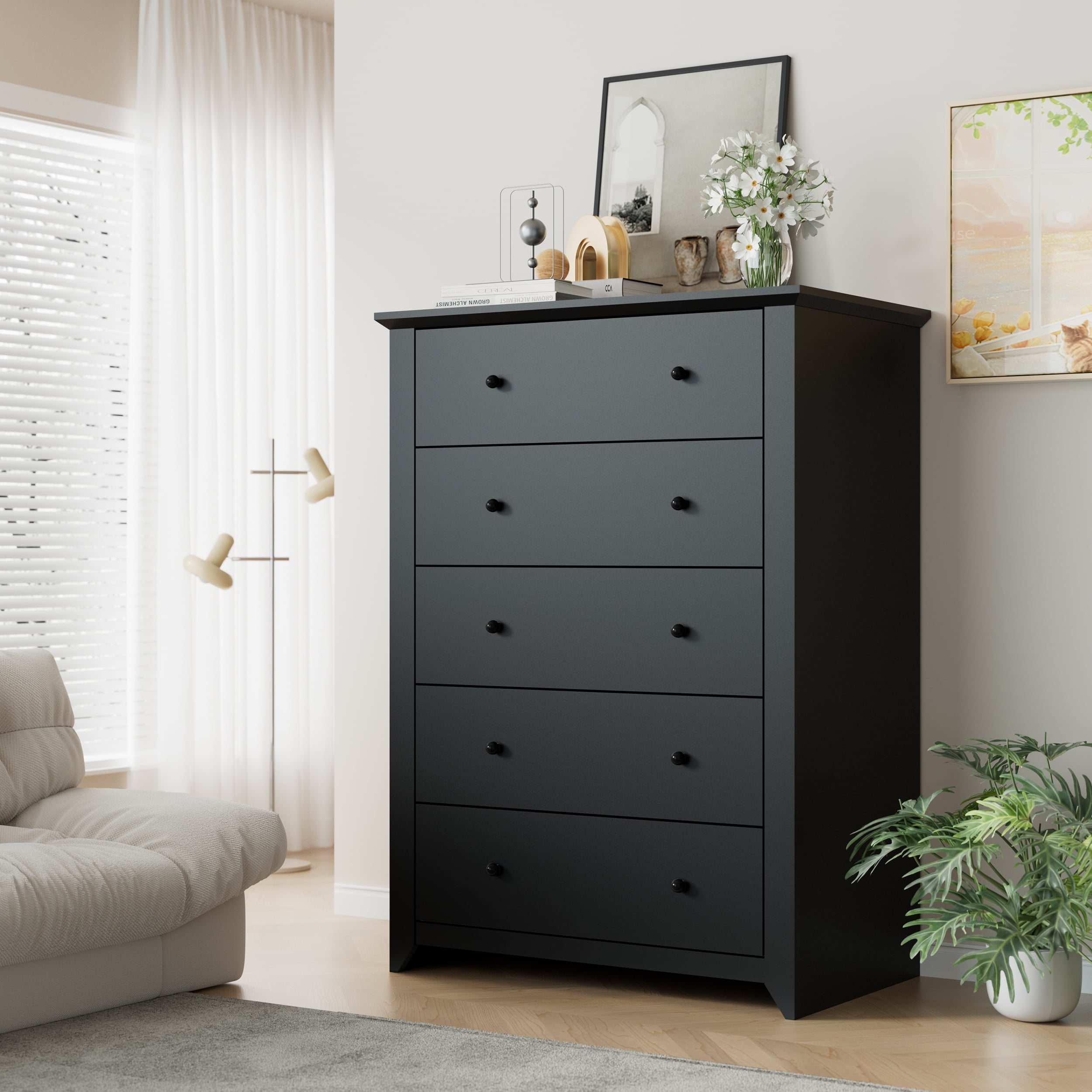 TrumanPick Black Dresser for Bedroom with 5 Drawers 47 Tall Chest of Drawers Wooden Dressers for Closet Living Room