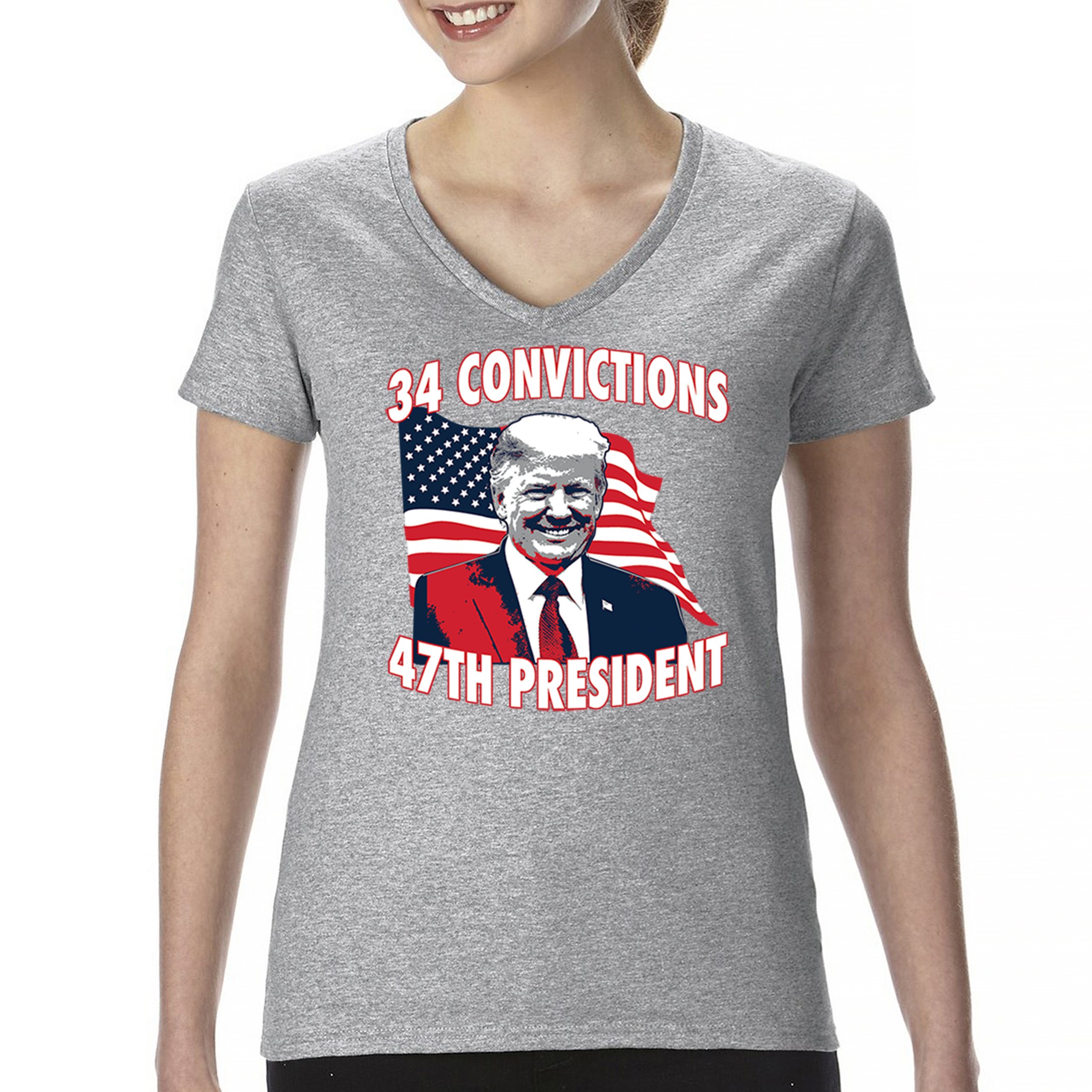 Trump 2024 34 Convictions 47th President Women's V-Neck T-shirt MAGA ...