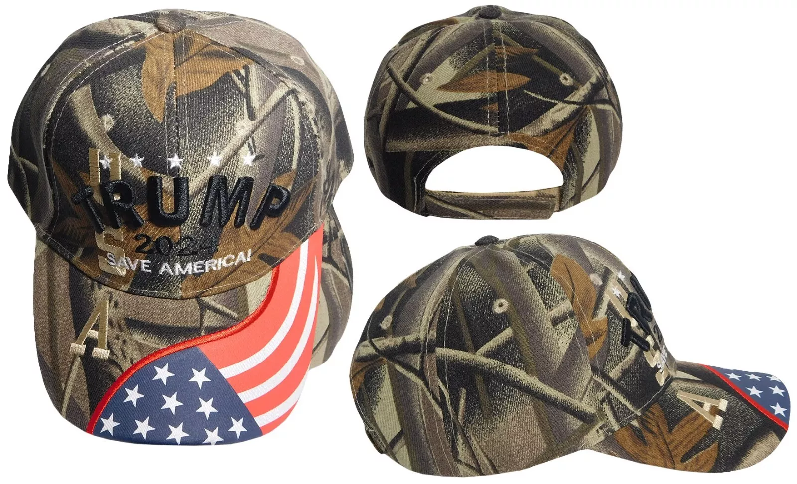 Trump 2024 Save America Real Tree Camo USA Flag On Bill Embroidered Cap ...