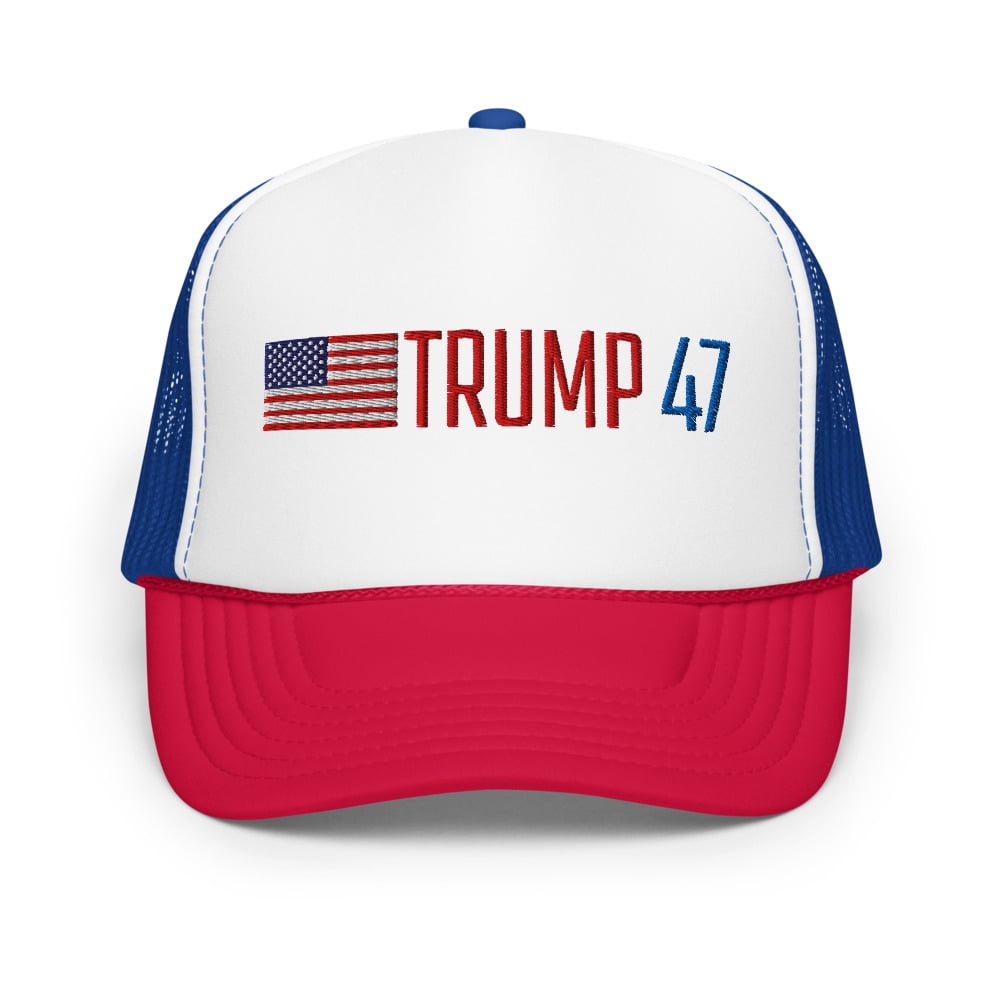 Trump 47 USA Flag Embroidered Foam Trucker Hat (White / Royal / Red ...