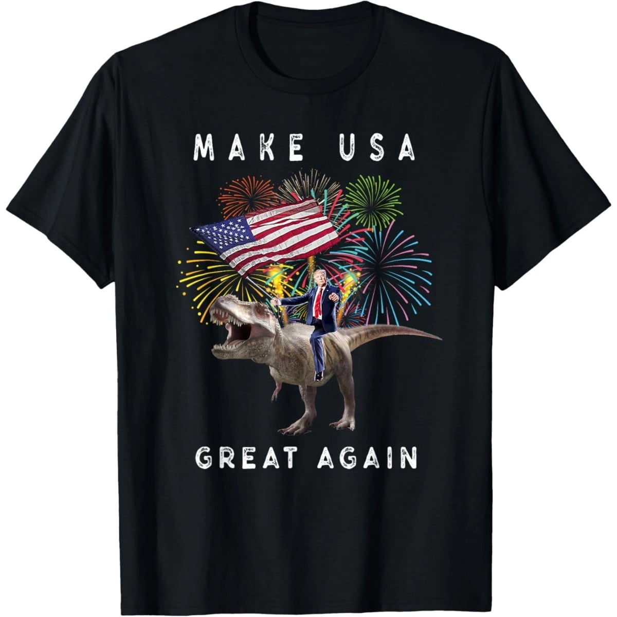 Trump Riding T-Rex Dino Funny T-Shirt 4th of July Gift Small Black ...