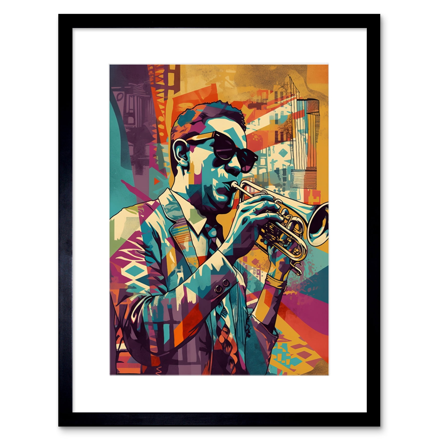 Trumpet Player Jazz Musician with Sunglasses Modern Colour Linocut ...
