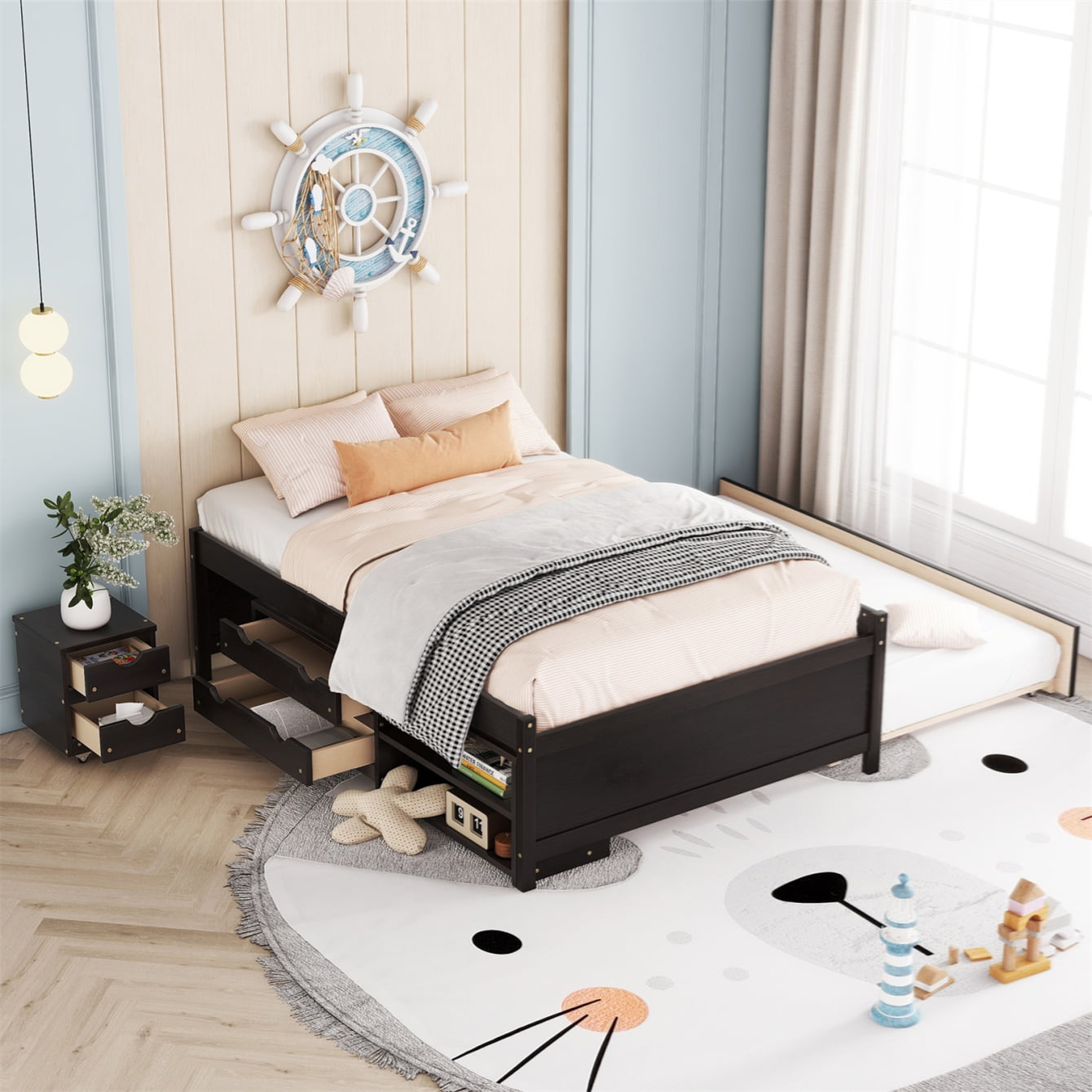 Trundle Bed Full with Nightstand Under bed Storage Box, Full Bed with ...