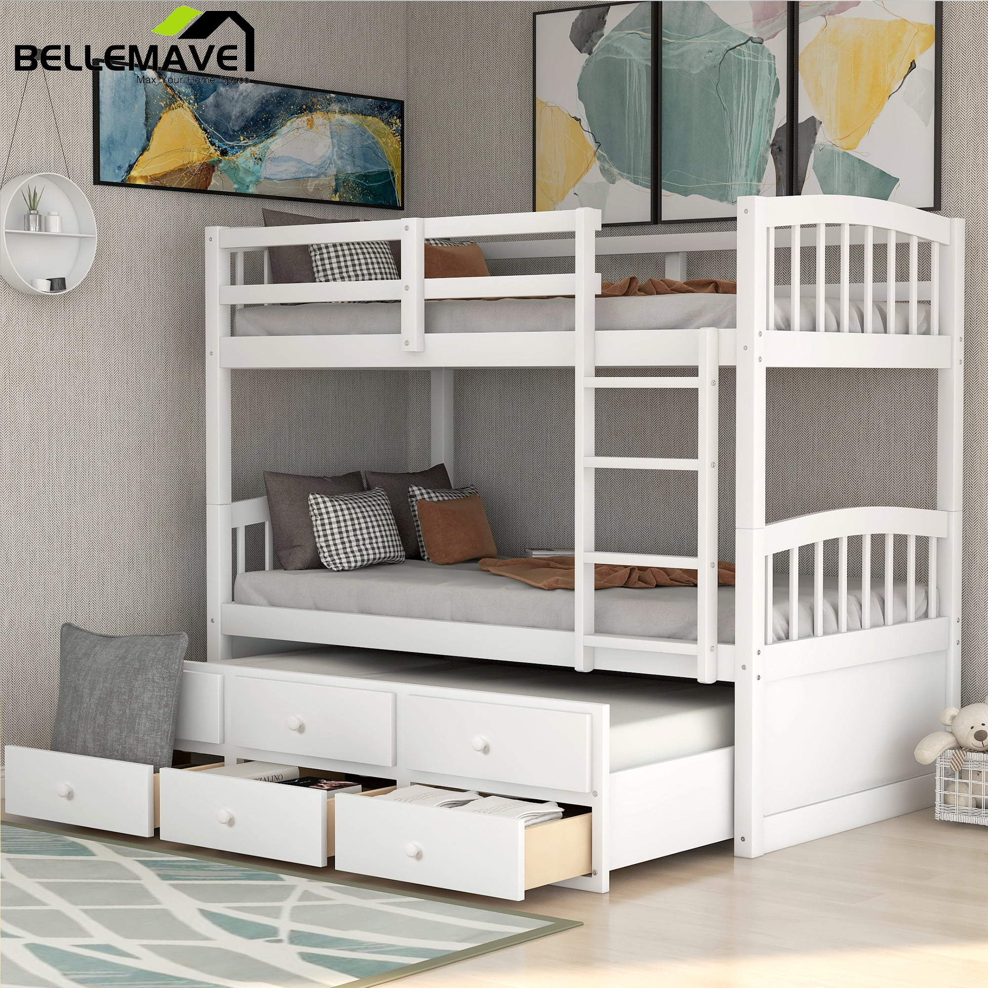 Trundle Bunk Bed Twin over Twin, Twin Bunk Beds with Trundle Bed, Kids ...