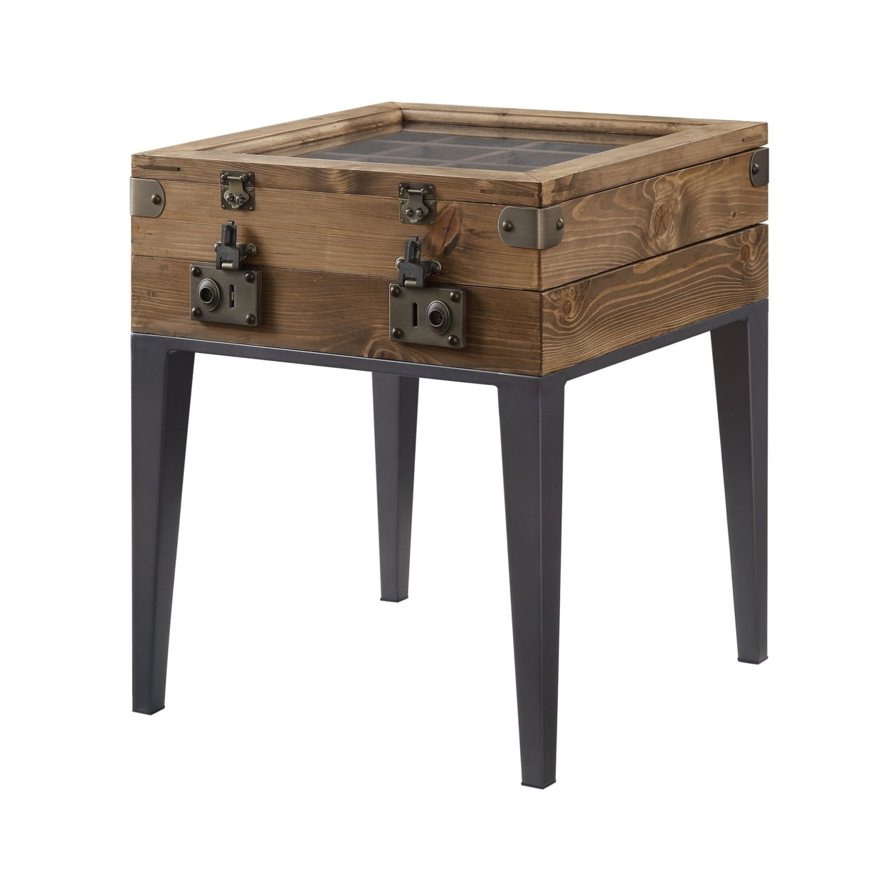Trunk Style Accent Table with Glass Top Encasing and Metal Tapered ...
