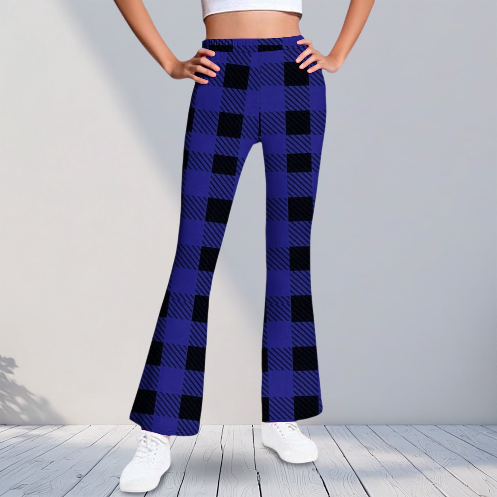fnnxnal Girls' Blue Plaid Retro 70s Flared Pants - Stretchy Polyester ...
