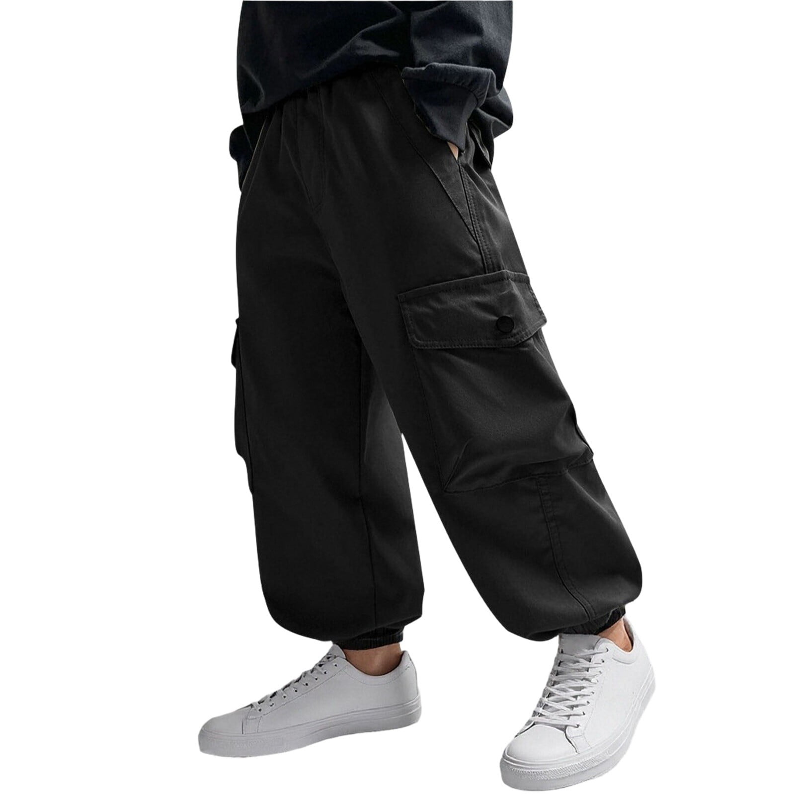 fnnxnal Girls' Cargo Pants for Girls Kids, Black Elastic Waisted Loose ...