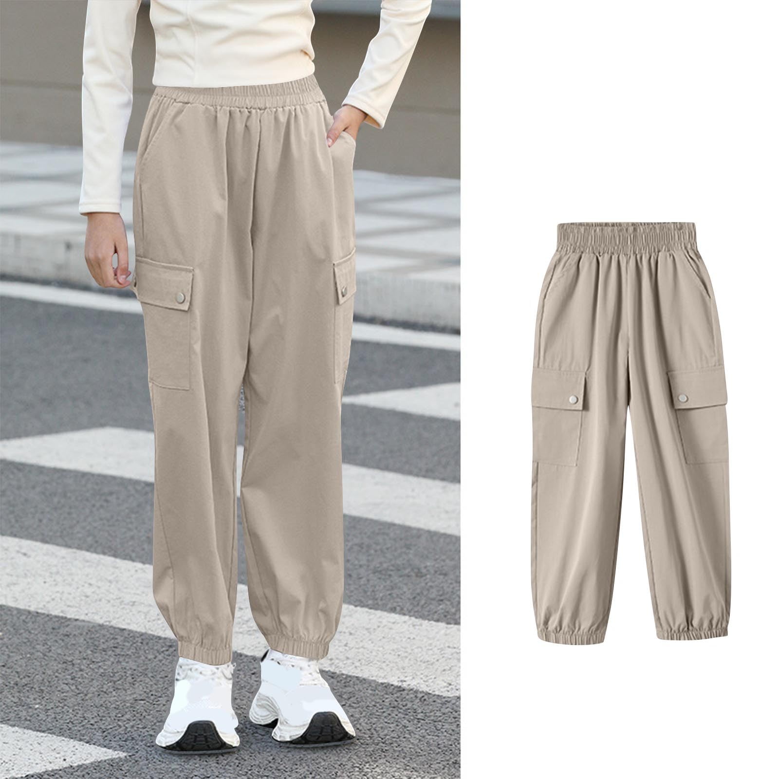 Trupants Girls' Cargo Pants for Girls Kids, Khaki Elastic Waisted Loose ...