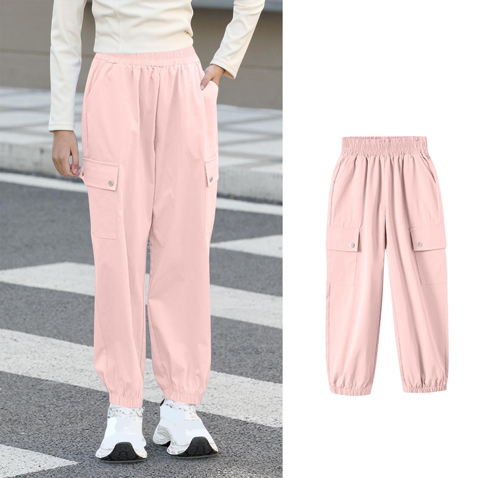 Trupants Girls' Cargo Pants for Girls Kids, Pink Elastic Waisted Loose ...