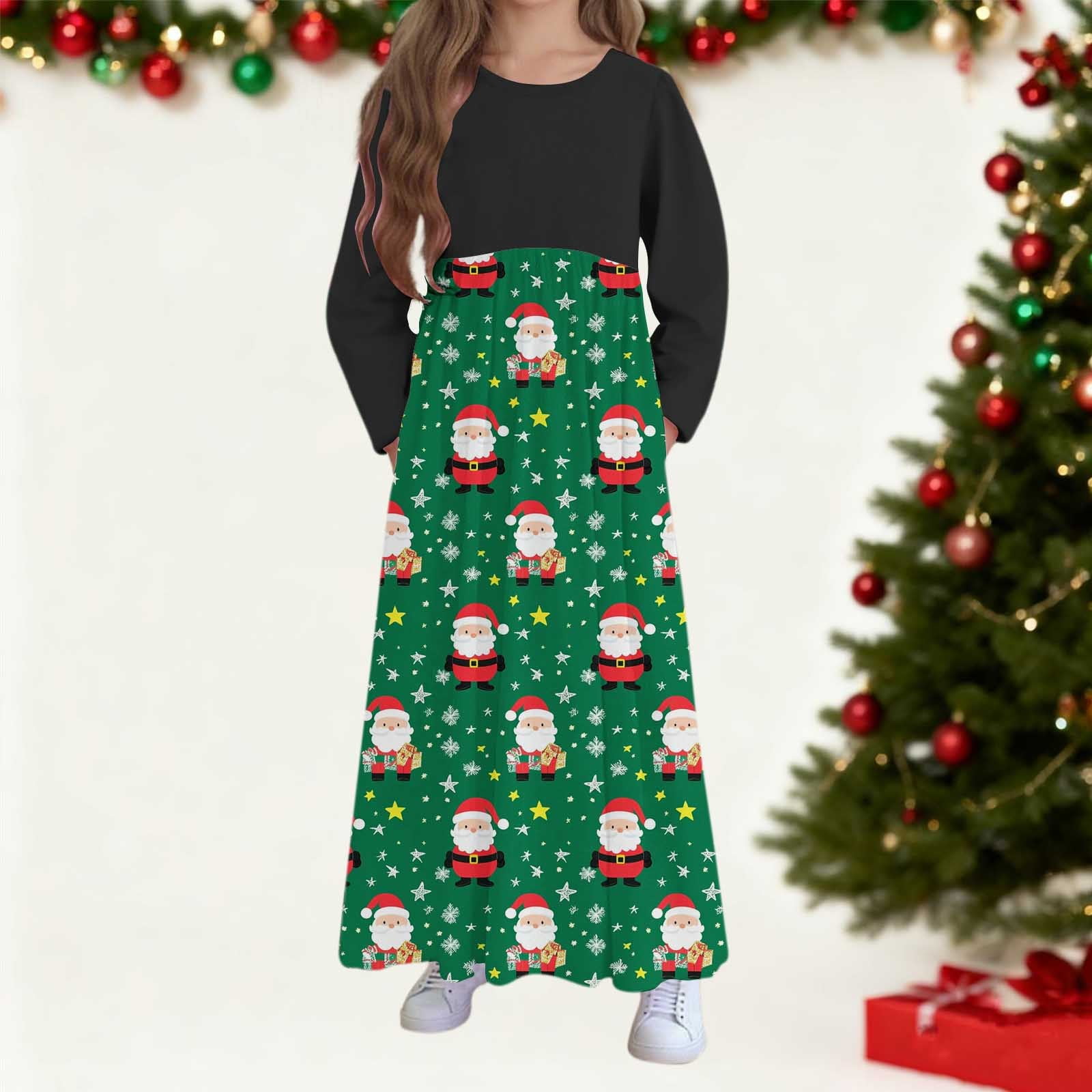 fnnxnal Girls Christmas Dress - Green Santa Snowflake Print Colorblock ...