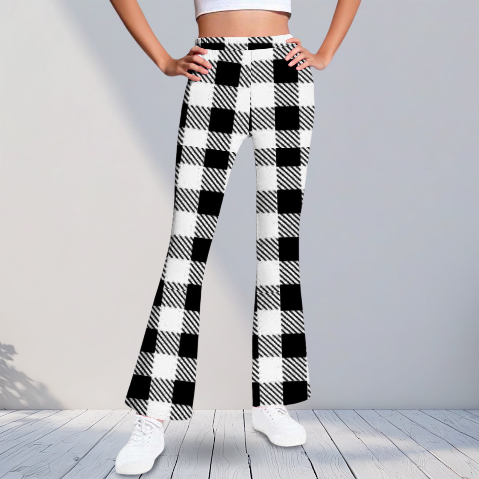 fnnxnal Girls' Retro 70s Flared Pants - Black Plaid, Stretchy 95% ...