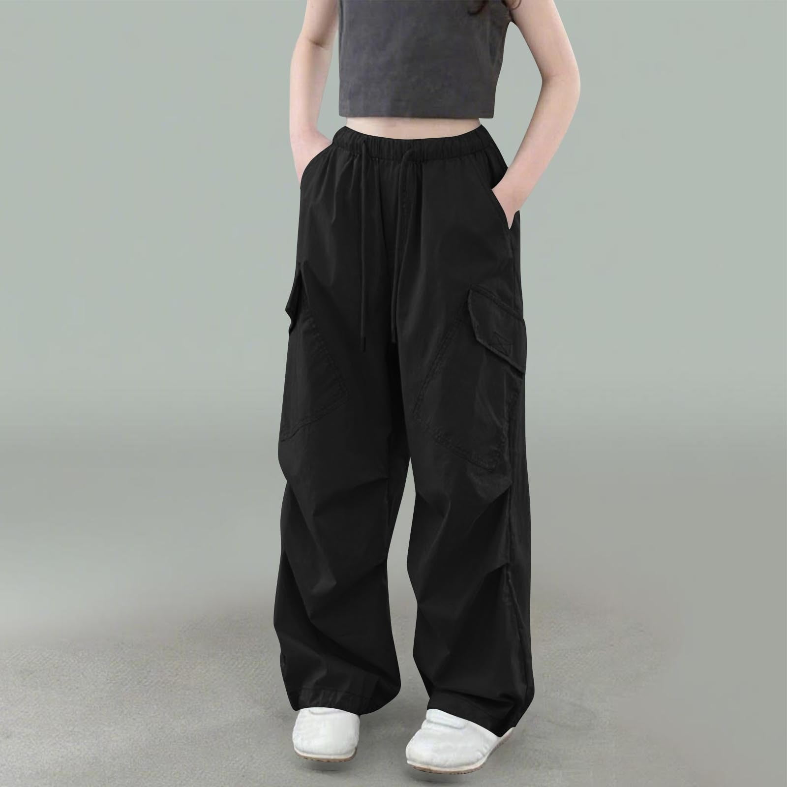 fnnxnal Girls Straight Leg Cargo Pants with Pockets, Black Loose Fit ...