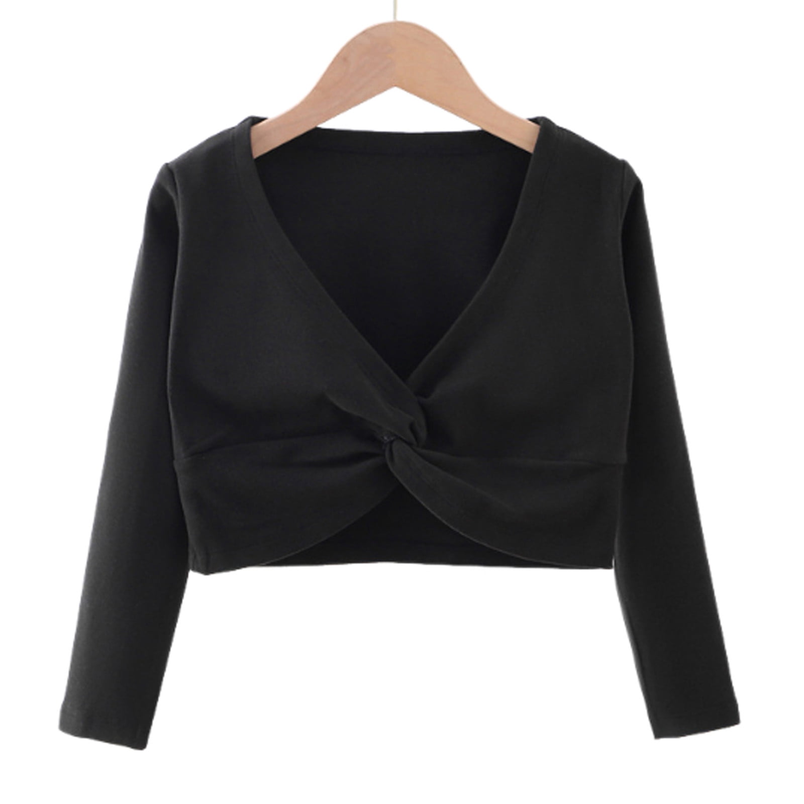 Trupants Juniors Black Dance Crop Top - 14-15T Long Sleeve Twist V-Neck ...