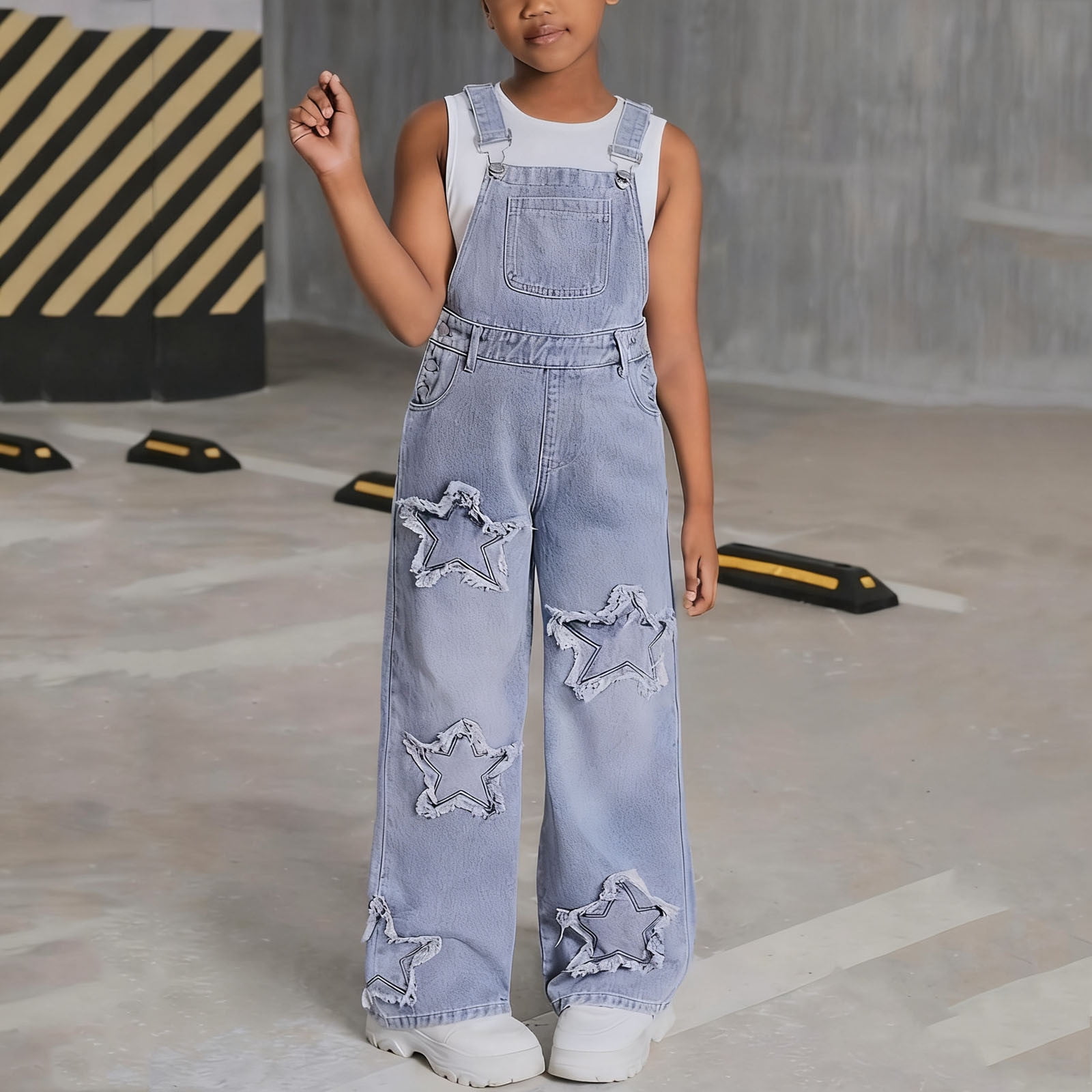 fnnxnal Light Blue Denim Overalls for Girls 6-12Y - Retro Wide-Leg with ...