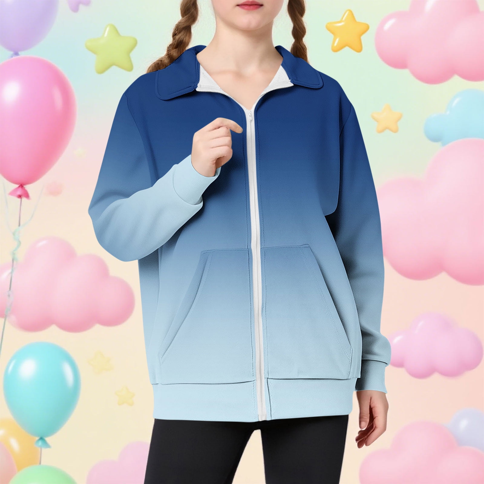 fnnxnal Little Girls Blue Gradient Full Zip Jacket - Soft Stretch, 5-6T ...