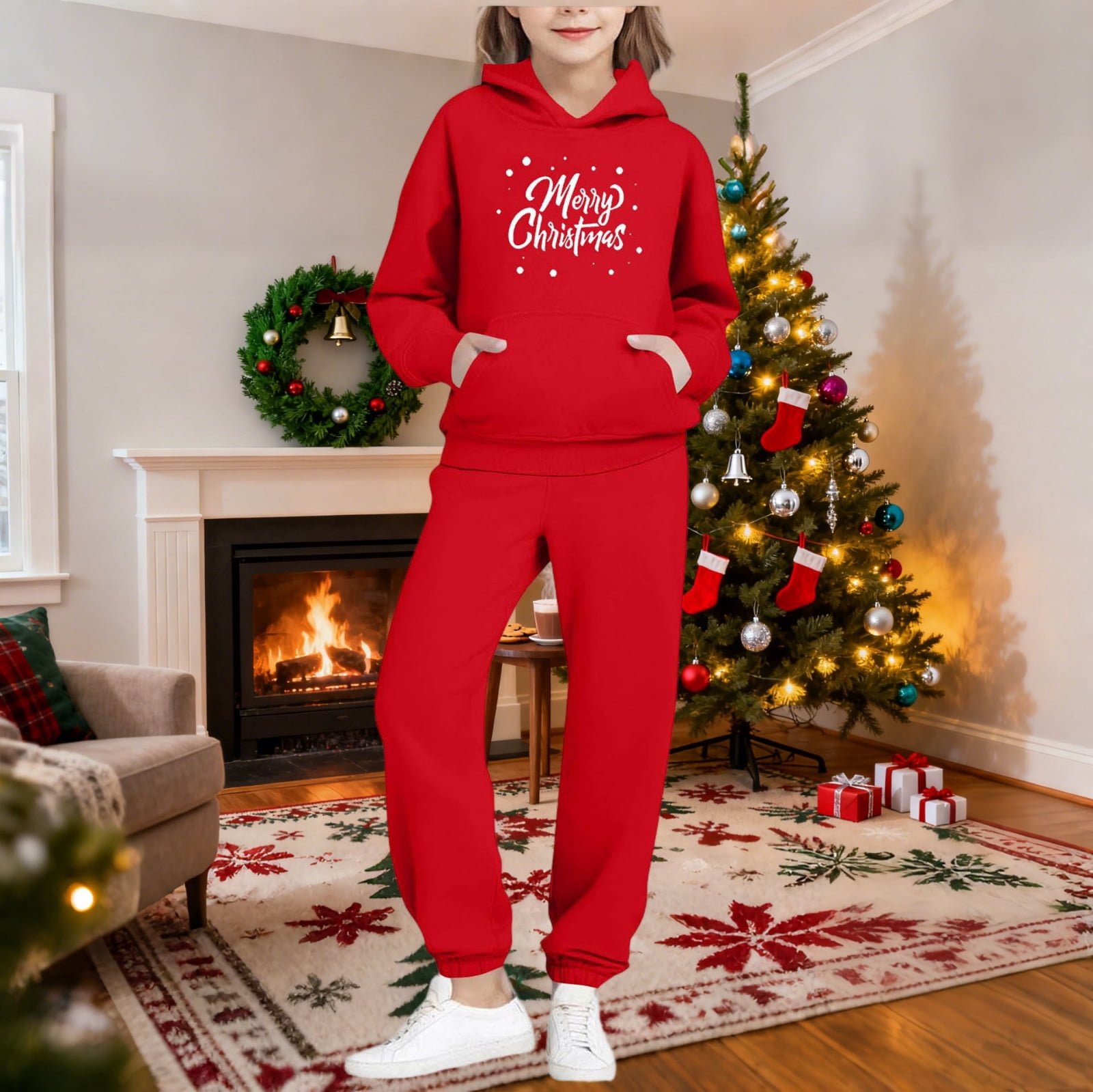 fnnxnal Red Christmas Tracksuit Set for Girls - Festive Merry Christmas ...