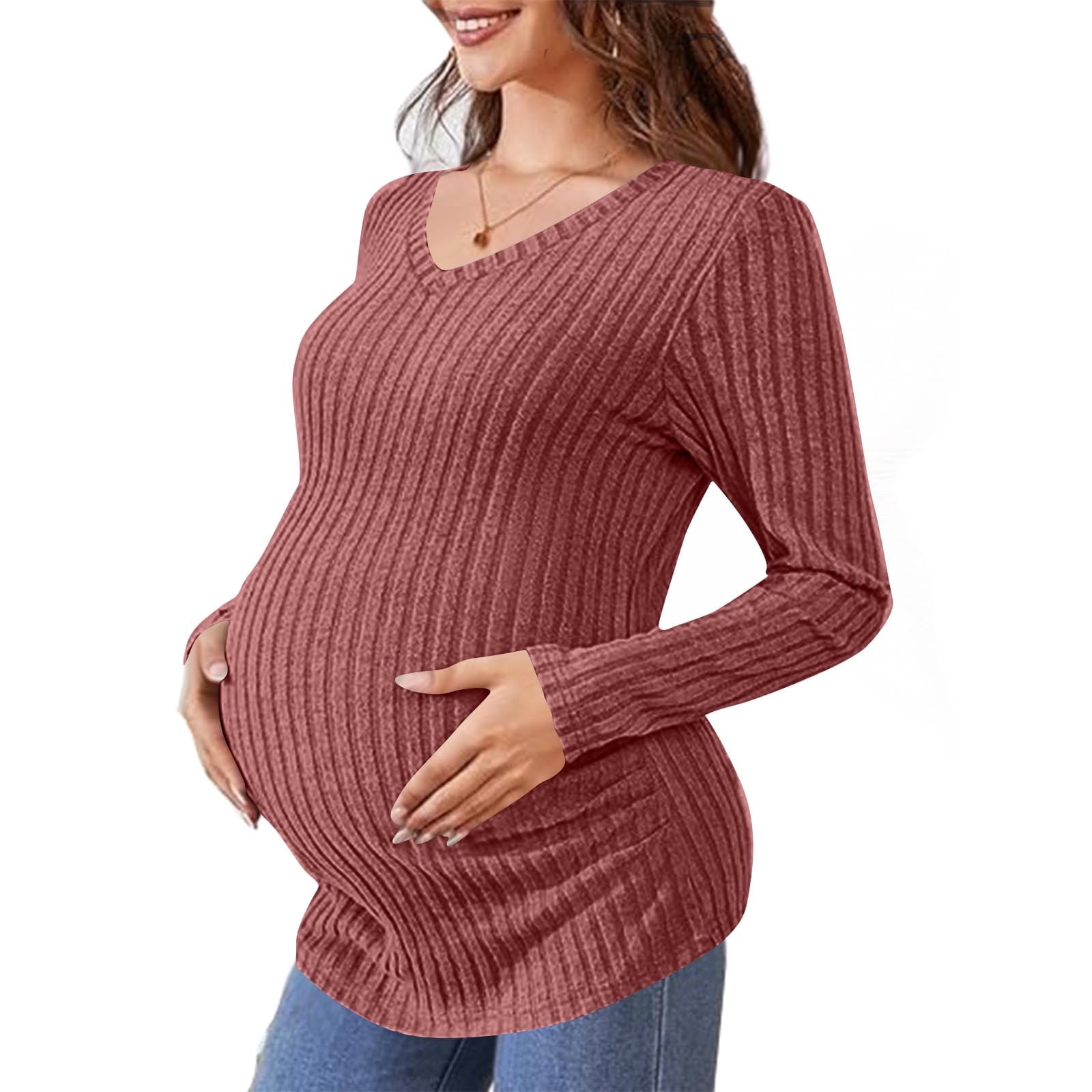 fnnxnal Stretchy Adaptive Maternity Top - Womens Long Sleeve V-Neck Rib ...