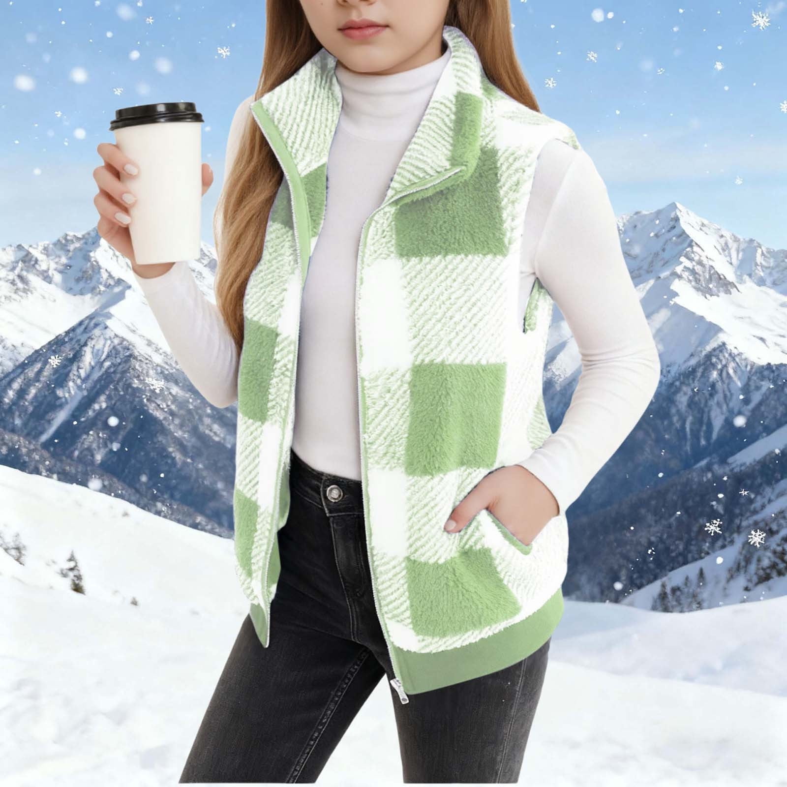 Trupants Teen Girl's Green Plaid Vest with Pockets - Full Zip Stand-Up ...