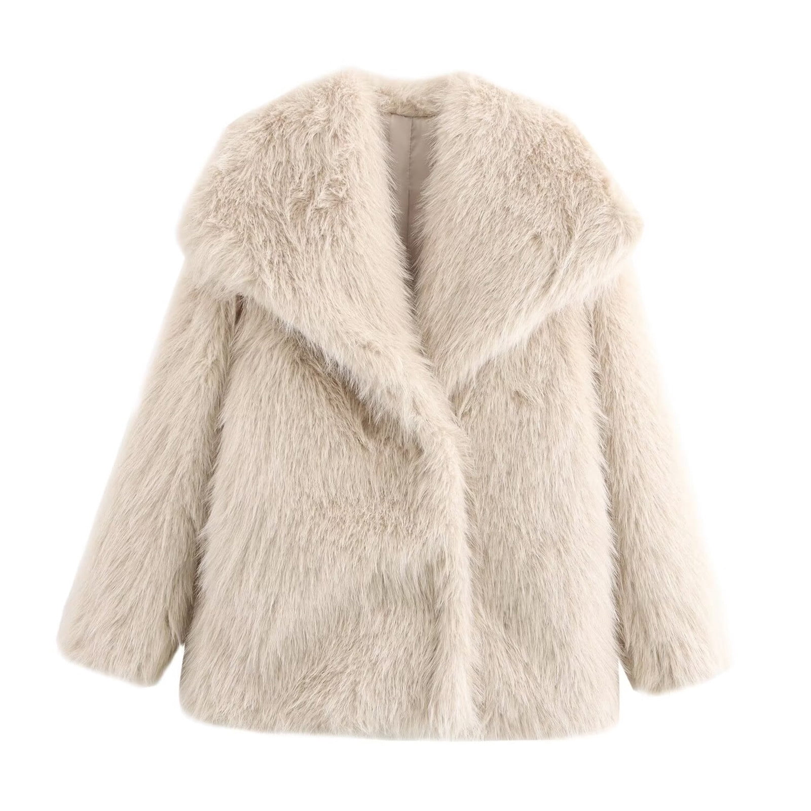 VOONCAS Womens Beige Short Faux Faux Fur Coat - Cruelty-Free Vegan ...