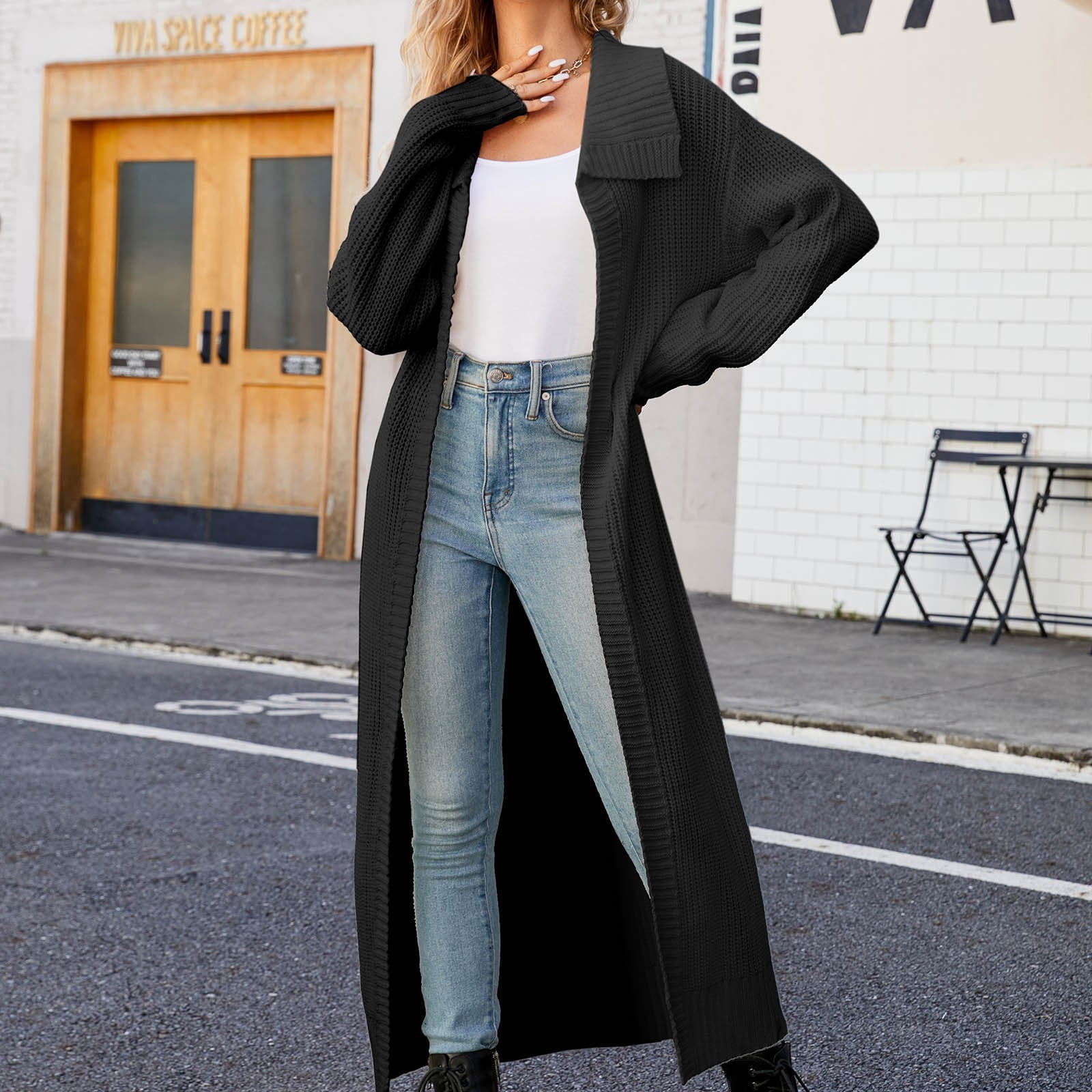 VOONCAS Womens Black Long Knit Cardigan Coat - Polyester Spandex ...