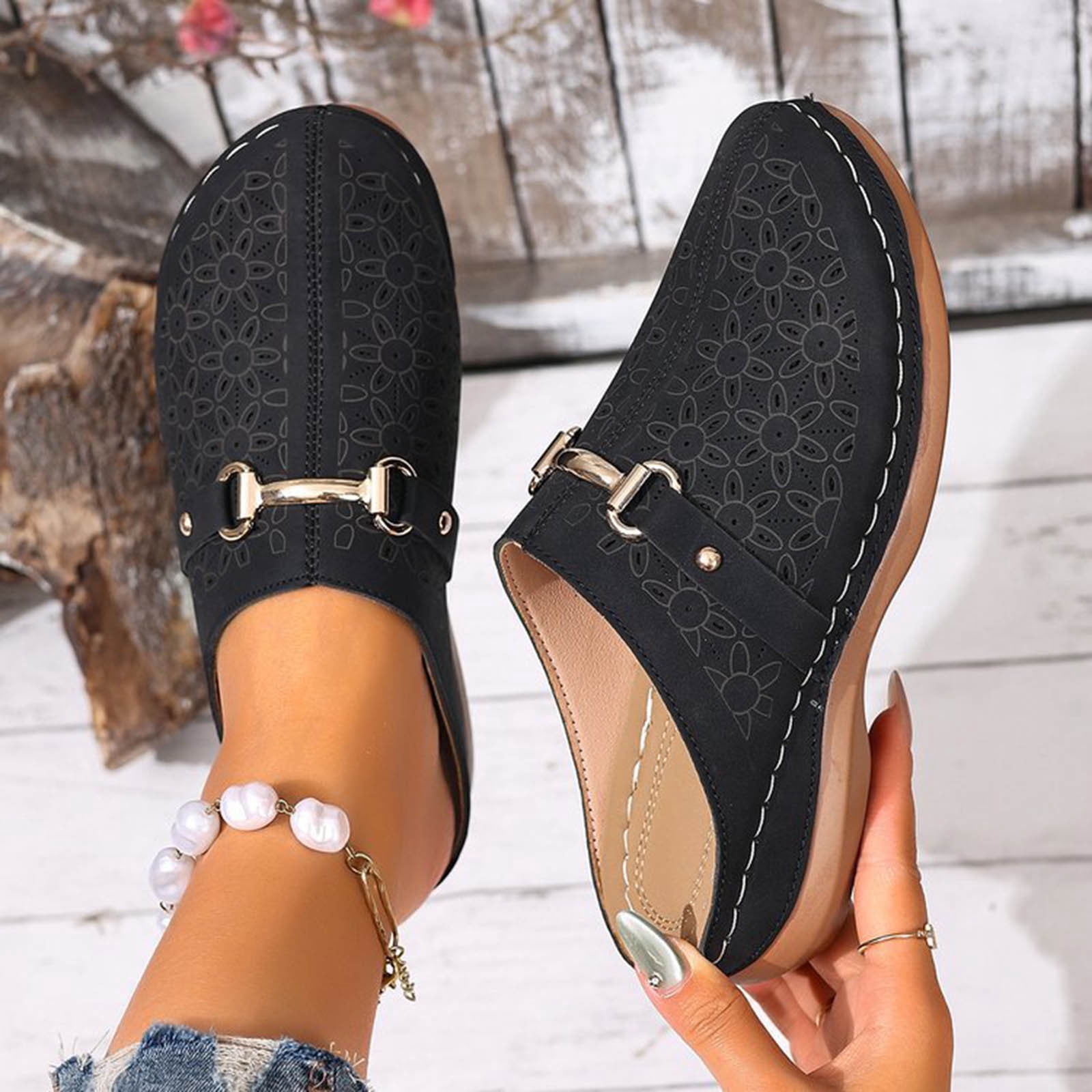 Backless Black Flock Mules for Women - Slip-on Casual Shoes with Metal ...