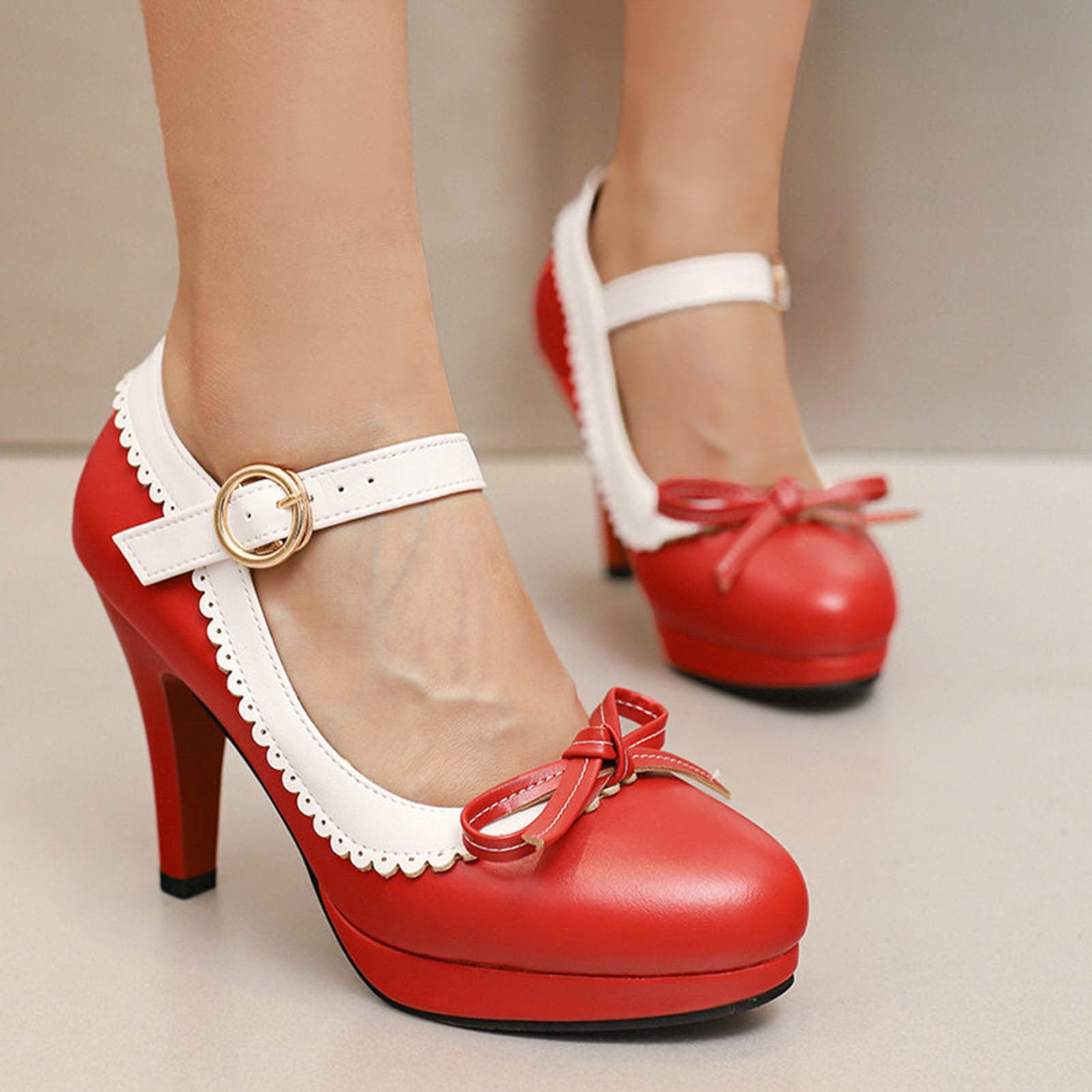 Retro Cute Mary Jane Platform Heels for Women - Red PU Faux Leather ...