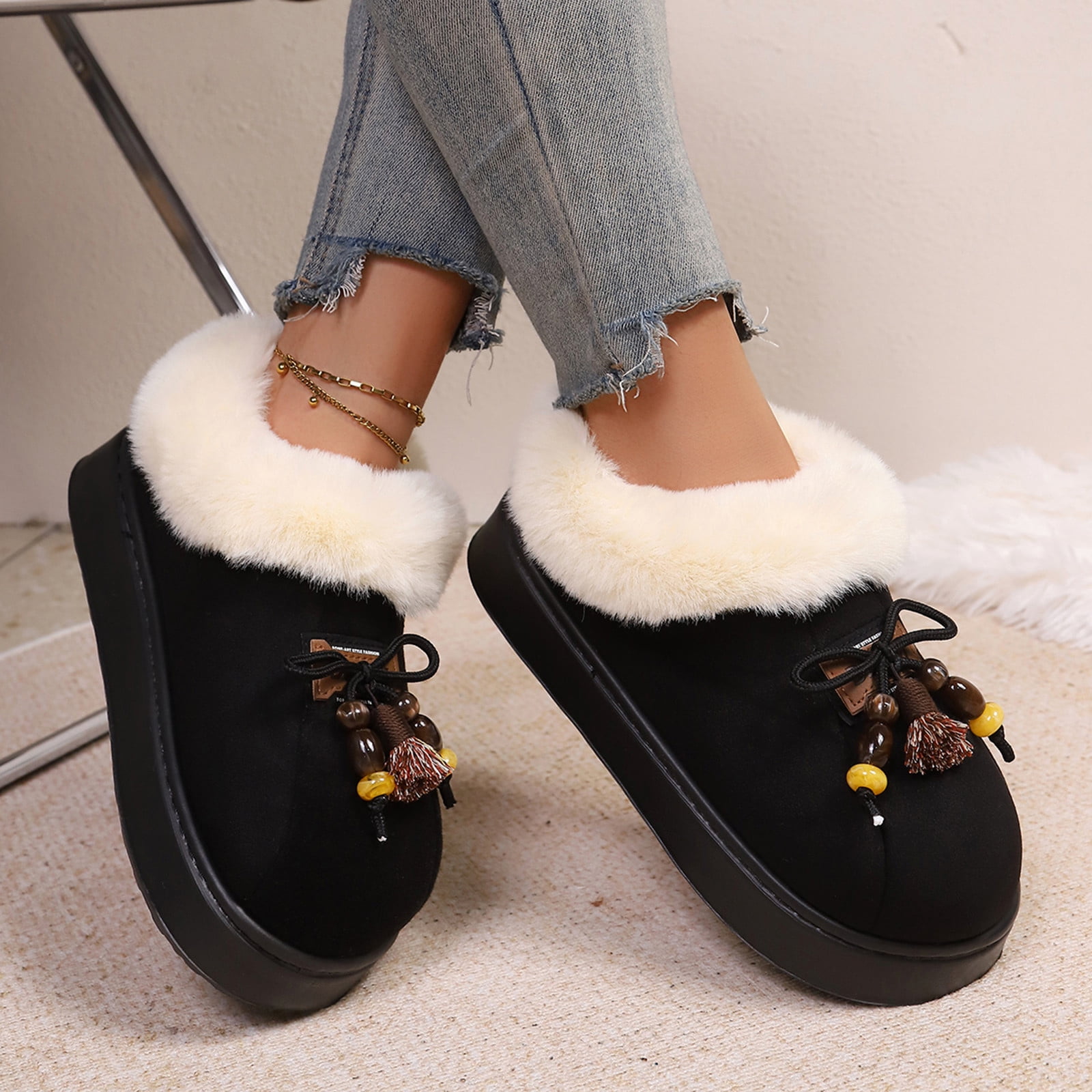 Womens Black Fuzzy Platform Shoes - Warm Flock Upper with Tassel Beads ...