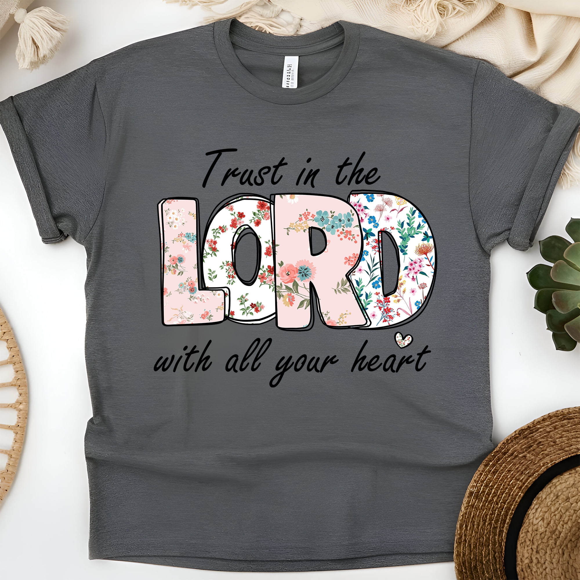 Trust in the Lord with All Your Heart Christian Floral T-Shirt, Dark ...