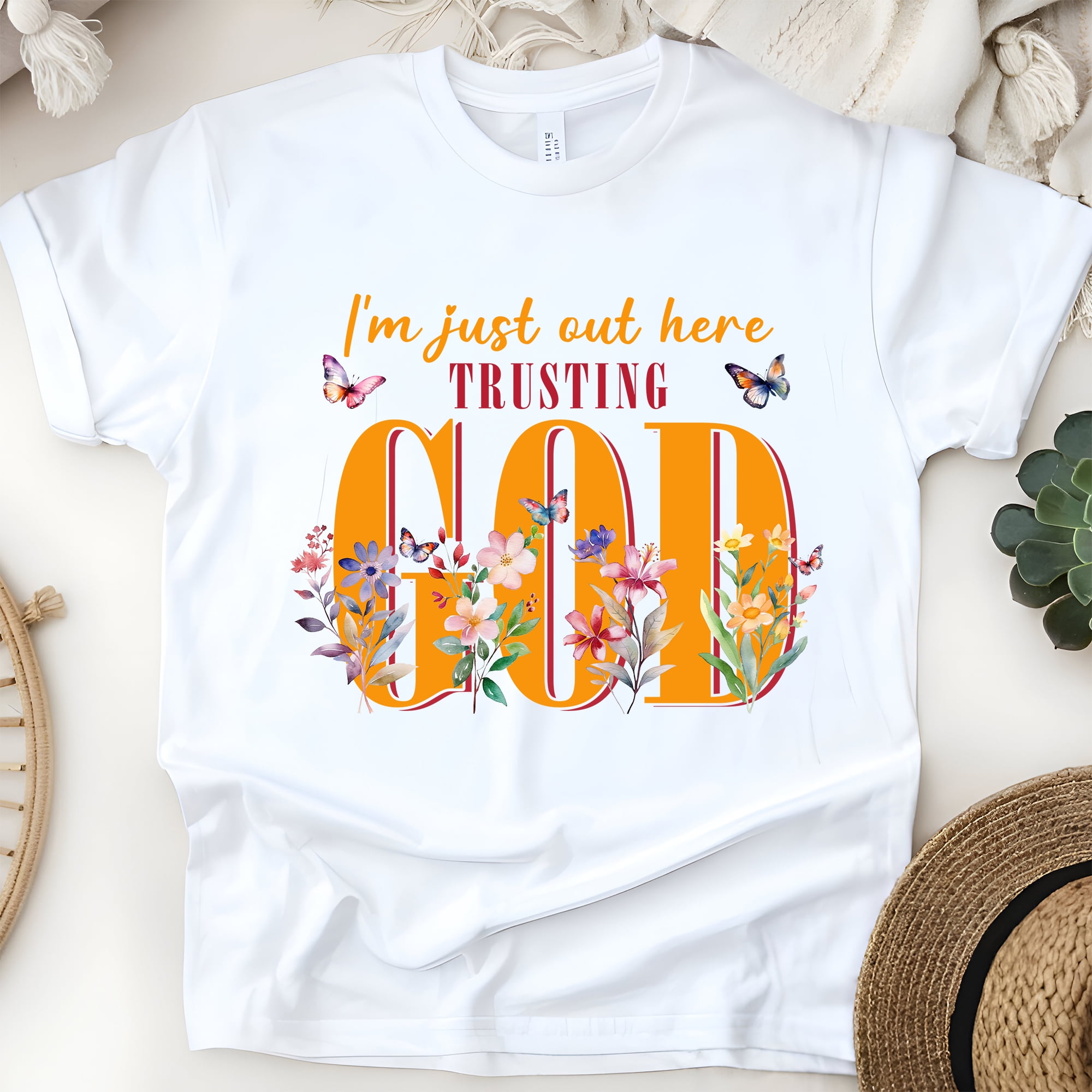 Trusting God Floral Butterfly Christian Graphic T-Shirt for Women ...