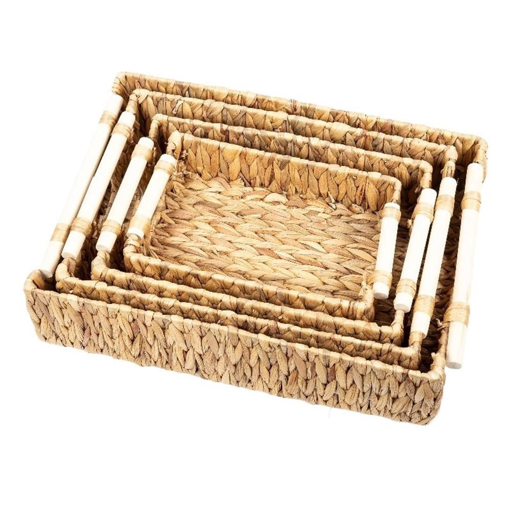 Truu Design Set of 4 Natural Water Hyacinth Trays with Wooden Handles ...
