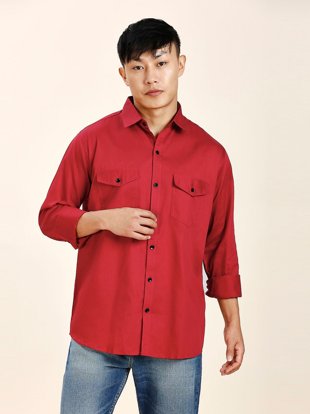 TryBuy Red Double Pocket Men's Button-Up Shirts, Full Sleeves Casual ...