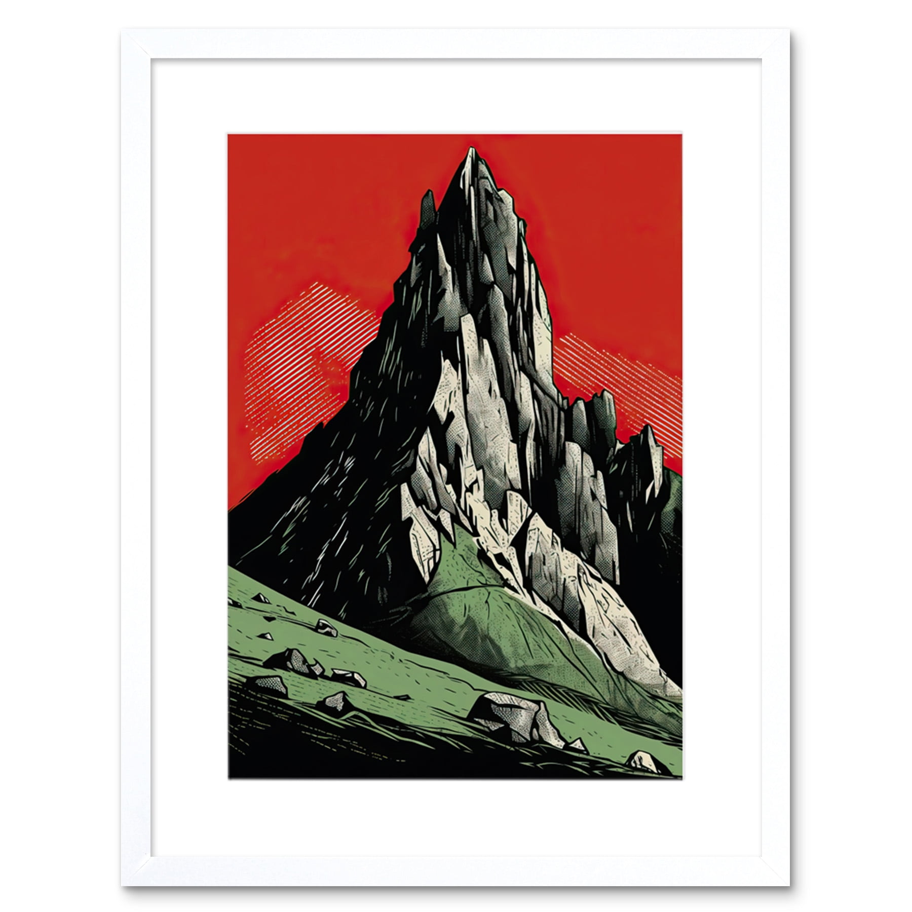 Tryfan Mountain Peak Bold Linocut Illustration Artwork Framed Wall Art ...
