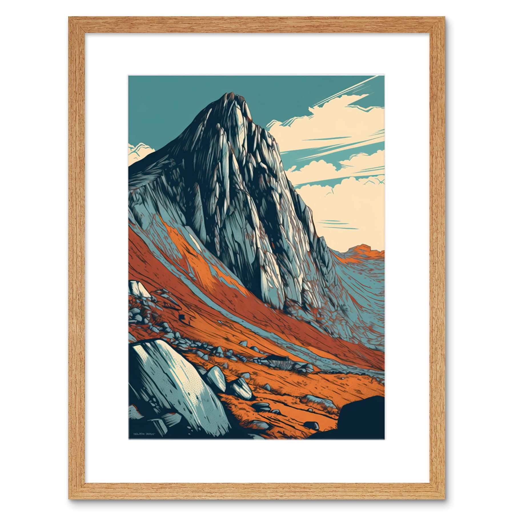 Tryfan Mountain Peak Landscape Teal Brown Linocut Artwork Framed Wall ...
