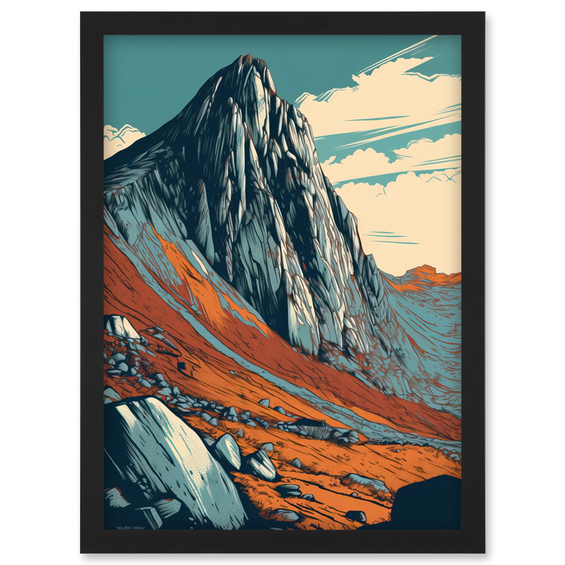 Tryfan Mountain Peak Landscape Teal Brown Linocut Artwork Framed Wall ...
