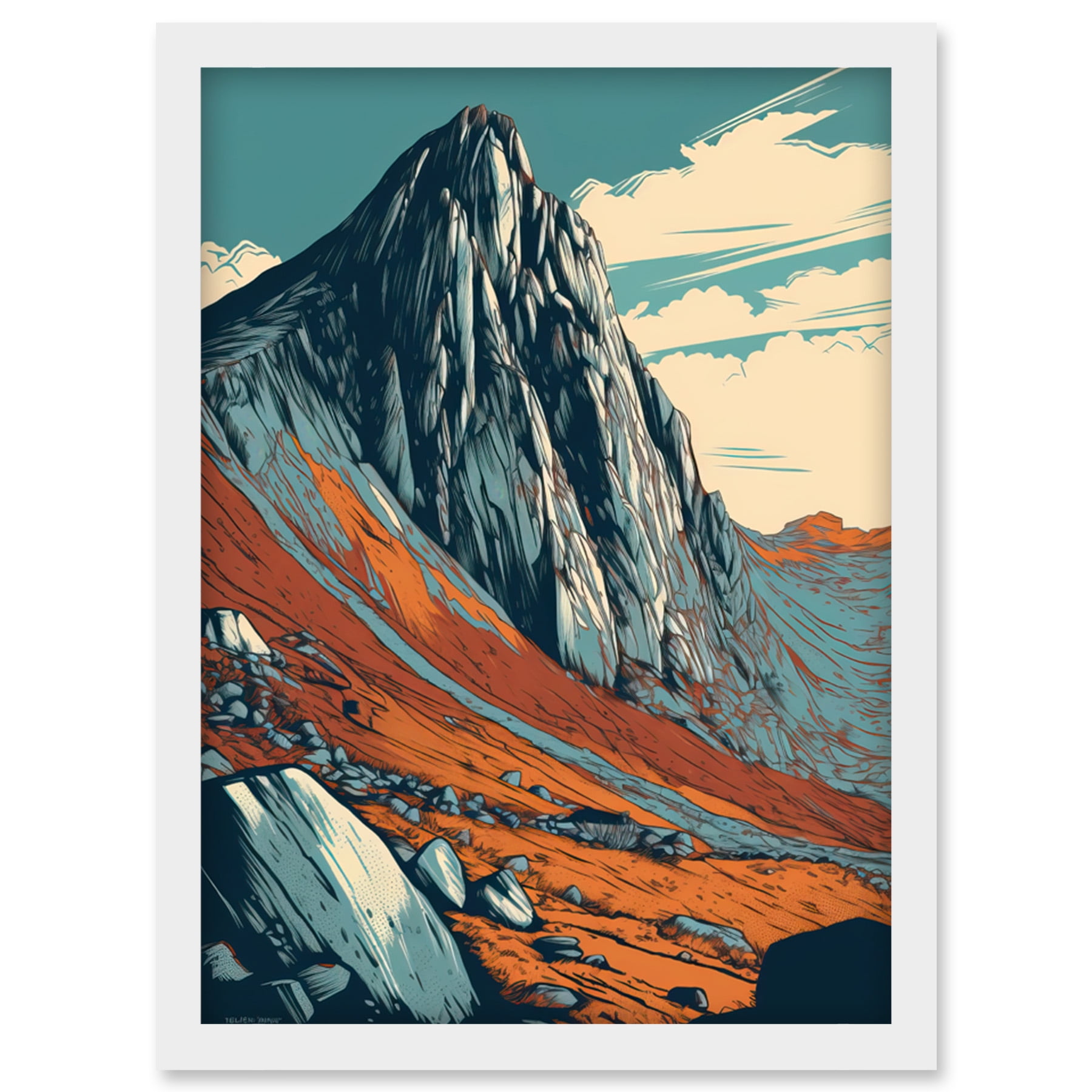 Tryfan Mountain Peak Landscape Teal Brown Linocut Artwork Framed Wall ...