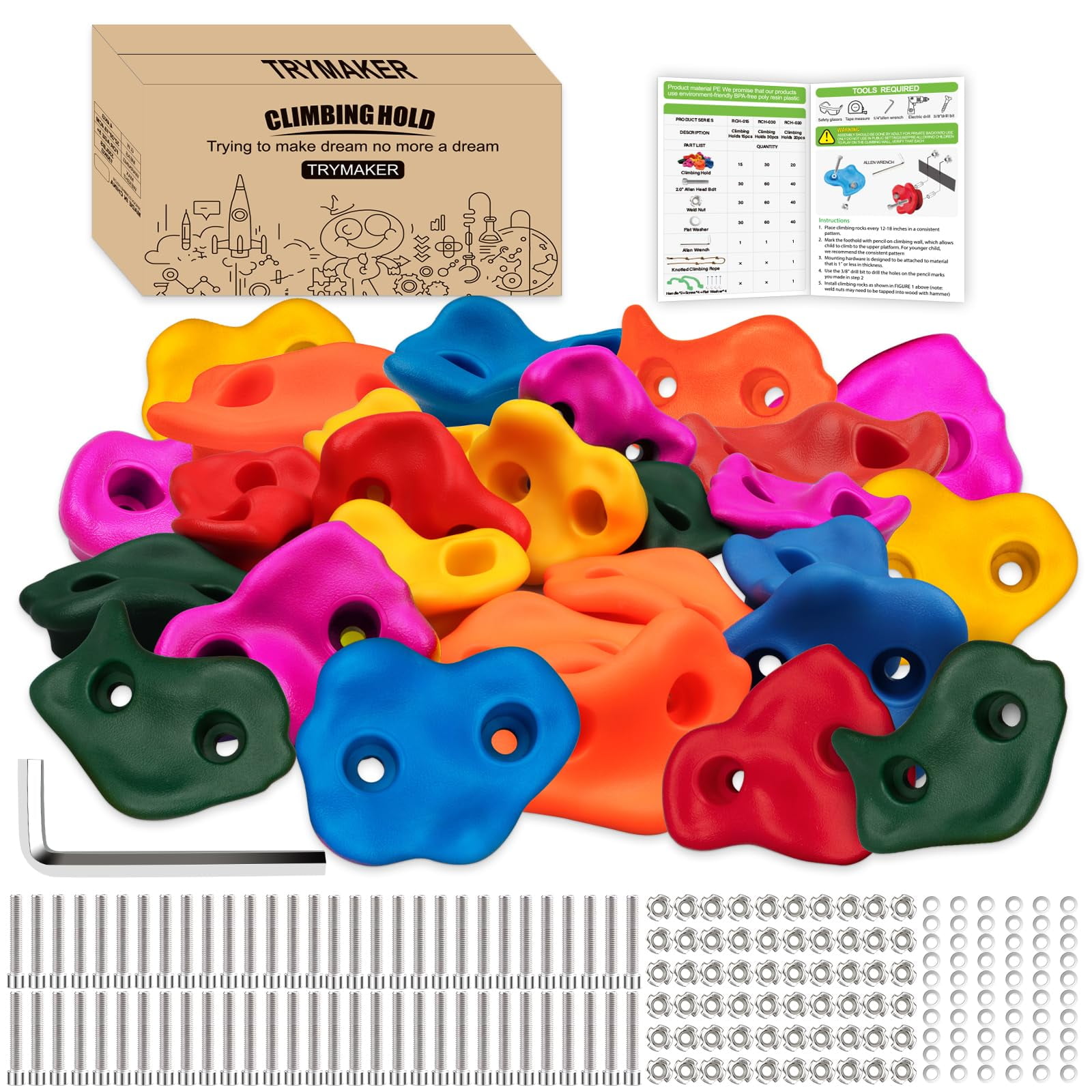 Trymaker Rock Climbing Holds,Climbing Wall for Kids,30PCS Climbing Set ...