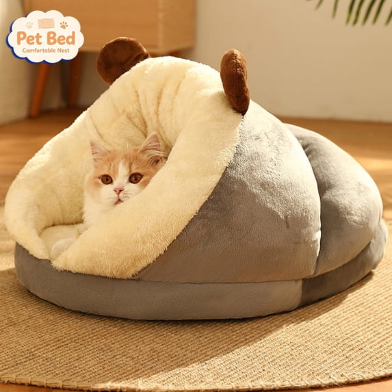 Tryvkinvive Cartoon Antler Hooded Cat Bed,Plush Warm Enclosed Semi-Cave ...