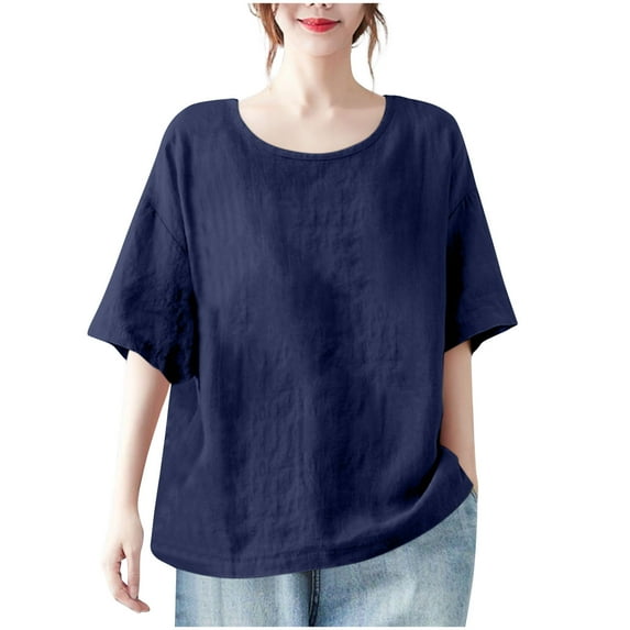 Tsesme Linen Mid Sleeve T-Shirt Round Neck Loose Tops Summer Solid ...