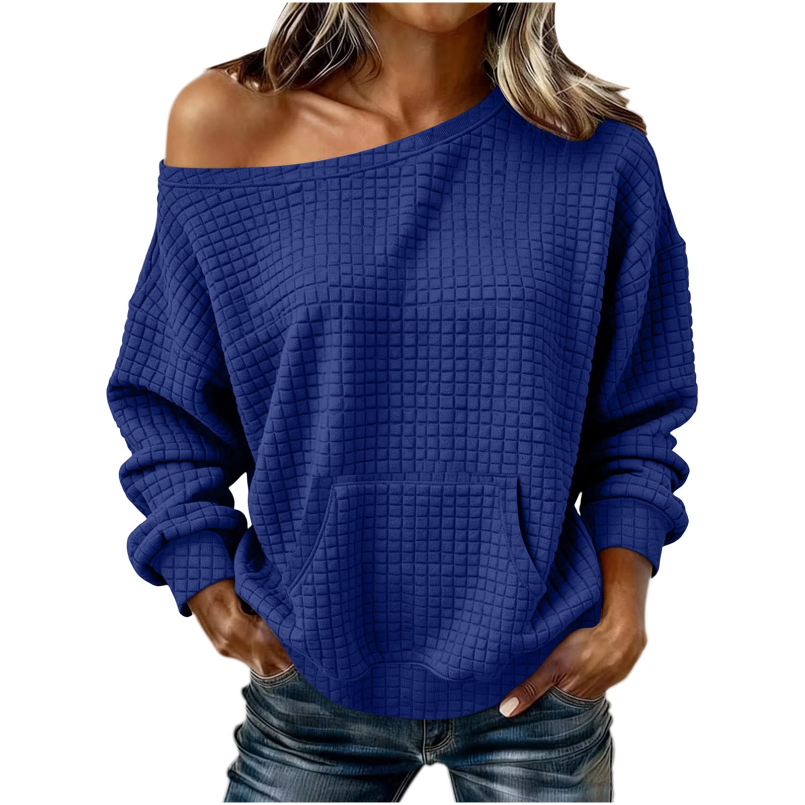 Tsesme One Shoulder Long Sleeve Tops for Women Fashion Waffle Loose ...