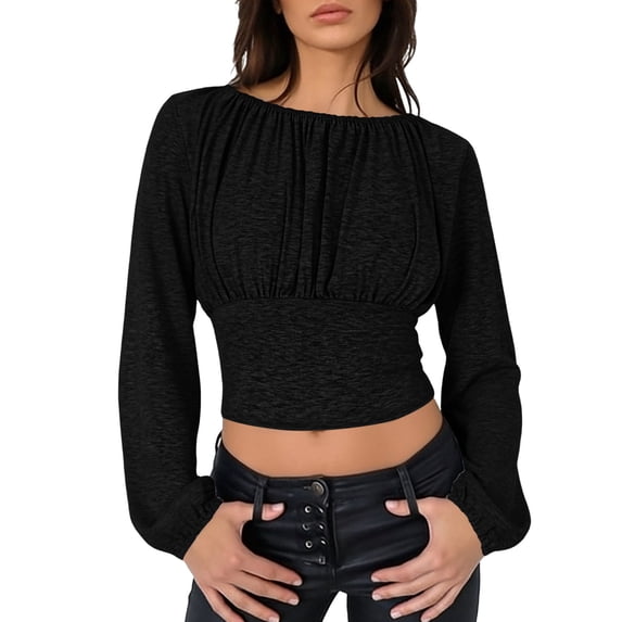 Tsesme Womens Long Sleeve Crop Tops, Elastic Boat Neck Casual Shirts ...