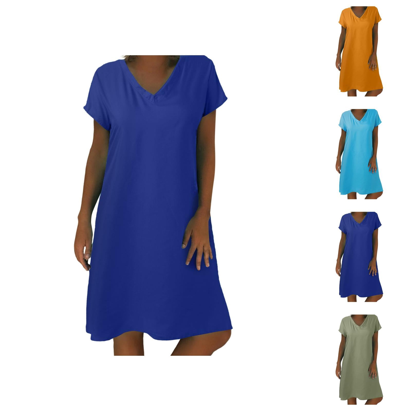Tshirt Dress Women Summer Short Sleeve V Neck Loose Fit Cotton A Line ...