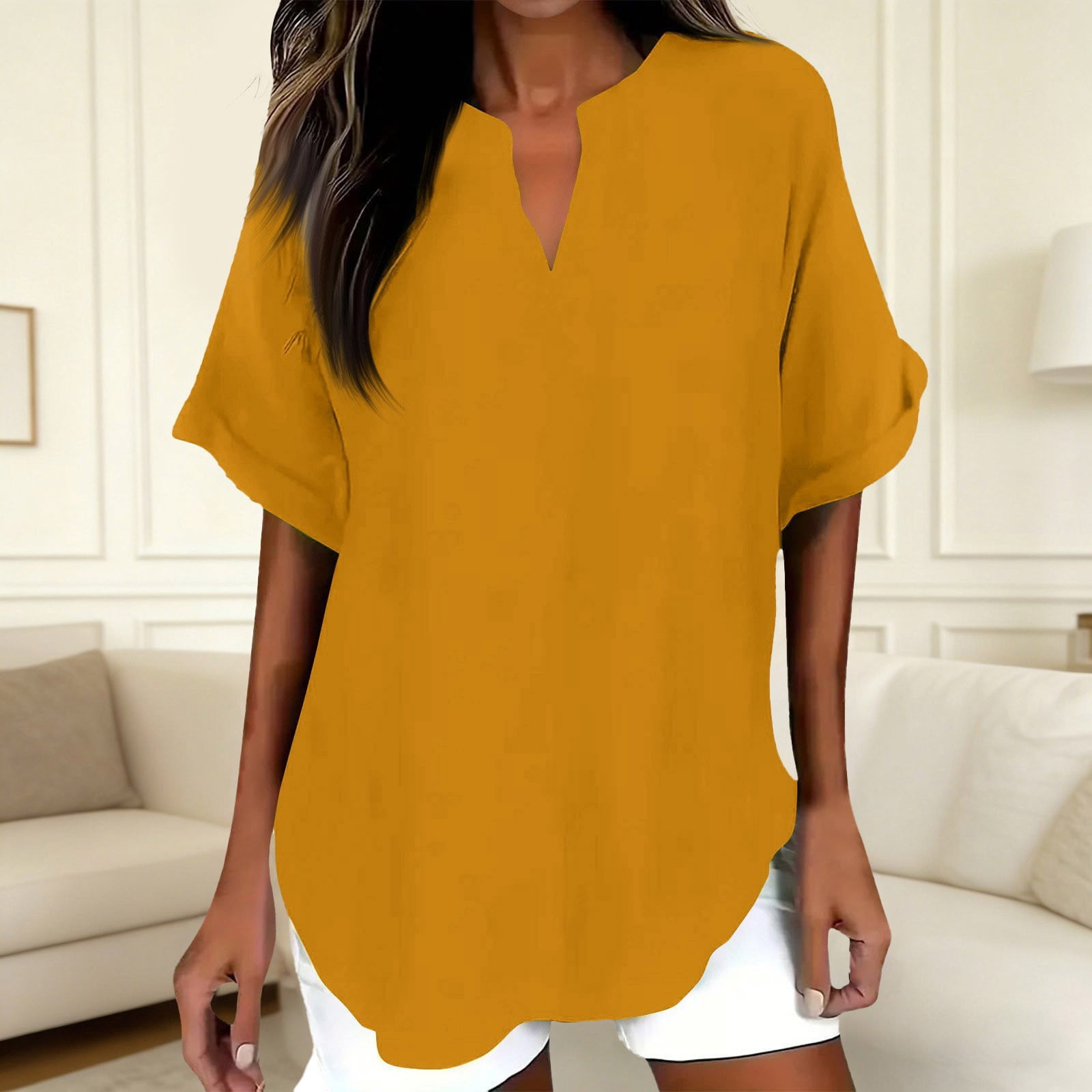 Tshirt Women Solid Color Elbow Length Sleeve Notch Neck Button Blouse ...