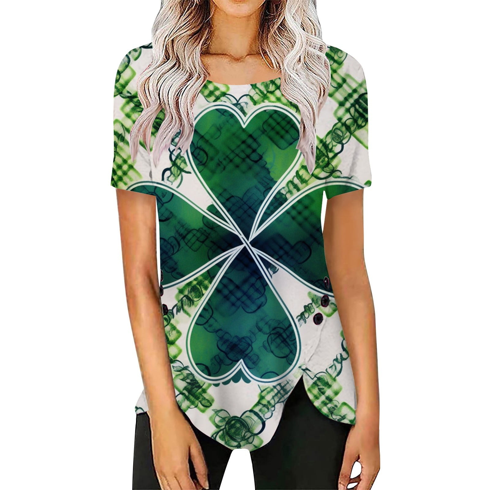 Tshirt Women St Patricks Day Button Top Shamrock Print Irregular Hem ...