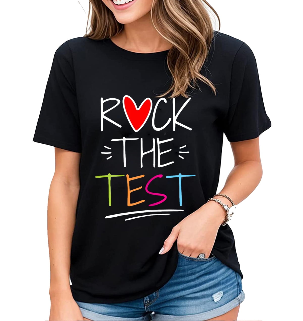 Tshirt for Women Red Heart Test Day Rock The Test Teacher Testing Day ...
