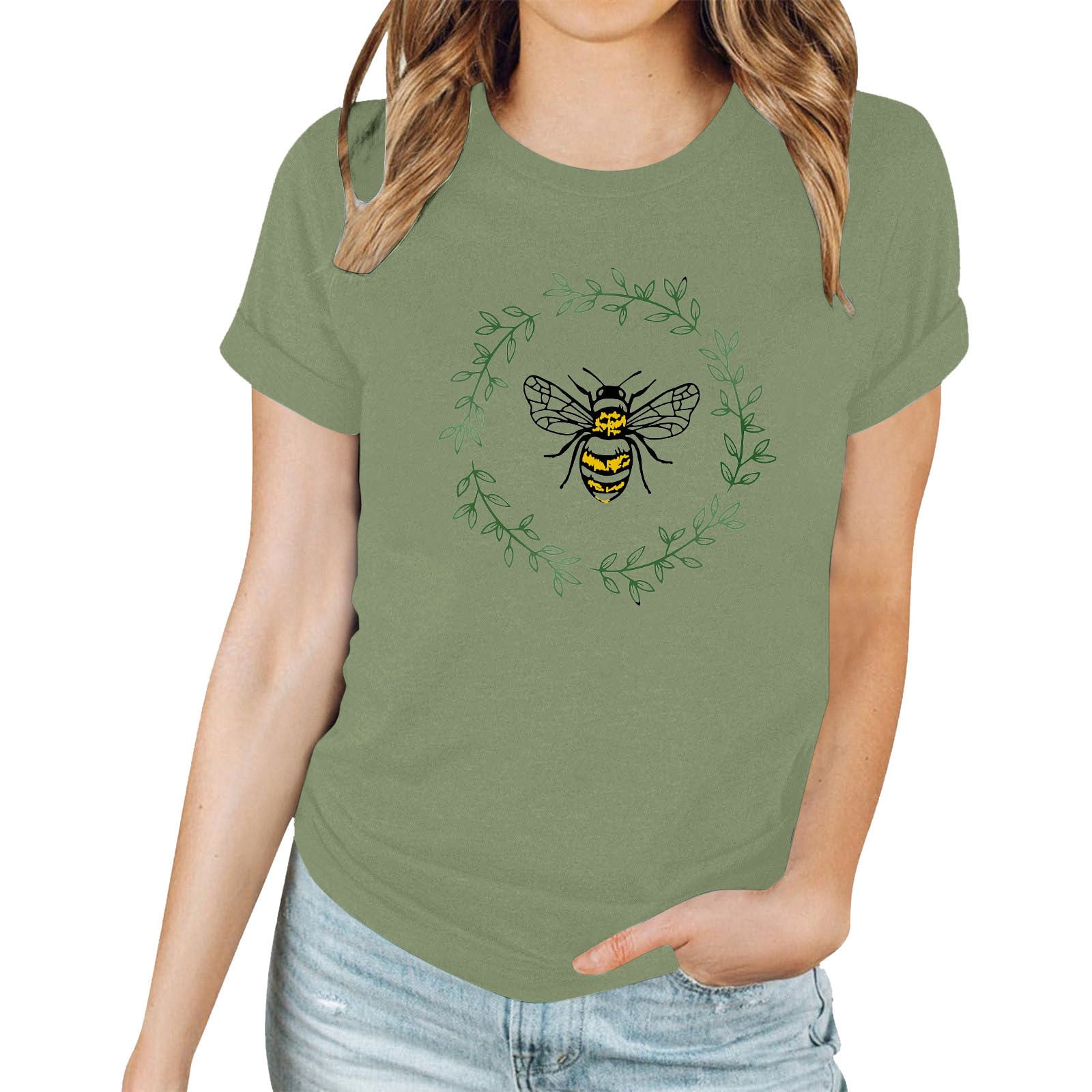 Tshirts For Women Solid Color Loose Round Neck Bee Printed Short ...