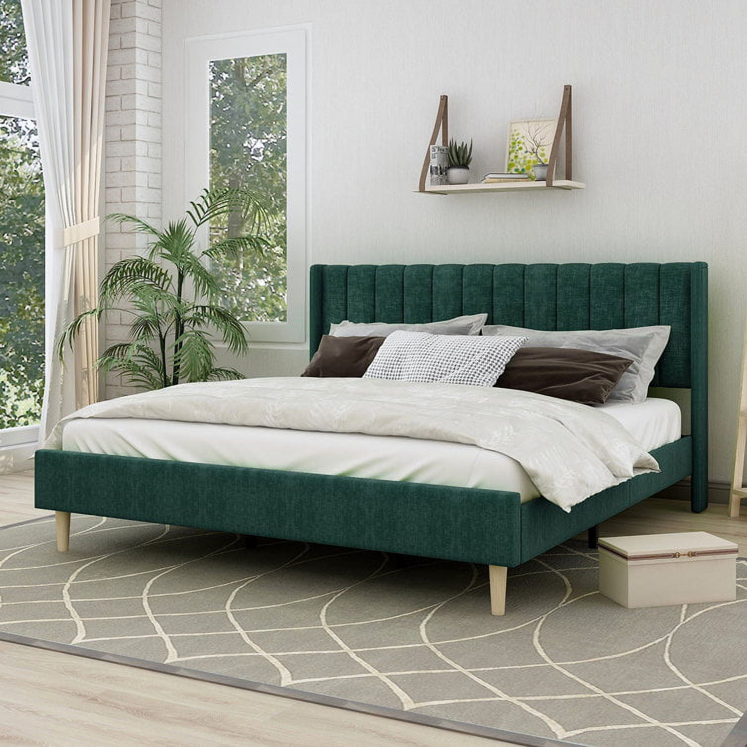 Tslinn King Size Low Profile Upholstered Platform Bed With Ink Green ...