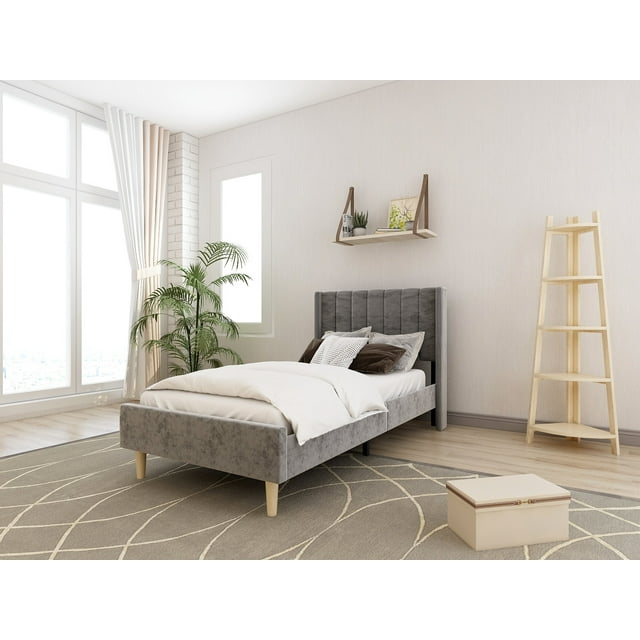 Tslinn Twin Size Low Profile Upholstered Platform Bed, Dark-Grey Velvet ...